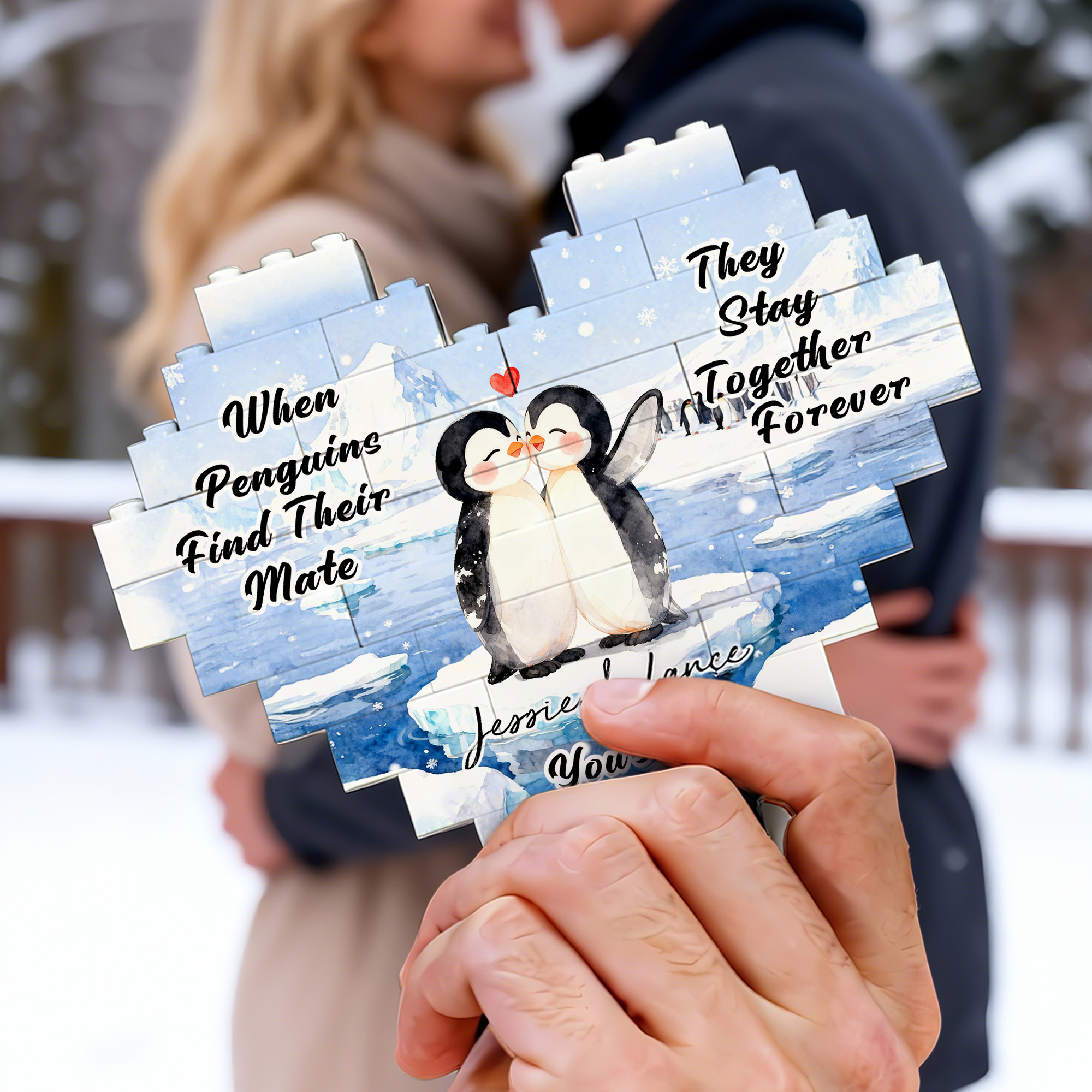 Personalised Penguin Couple Heart-Shaped Building Brick Puzzles ...