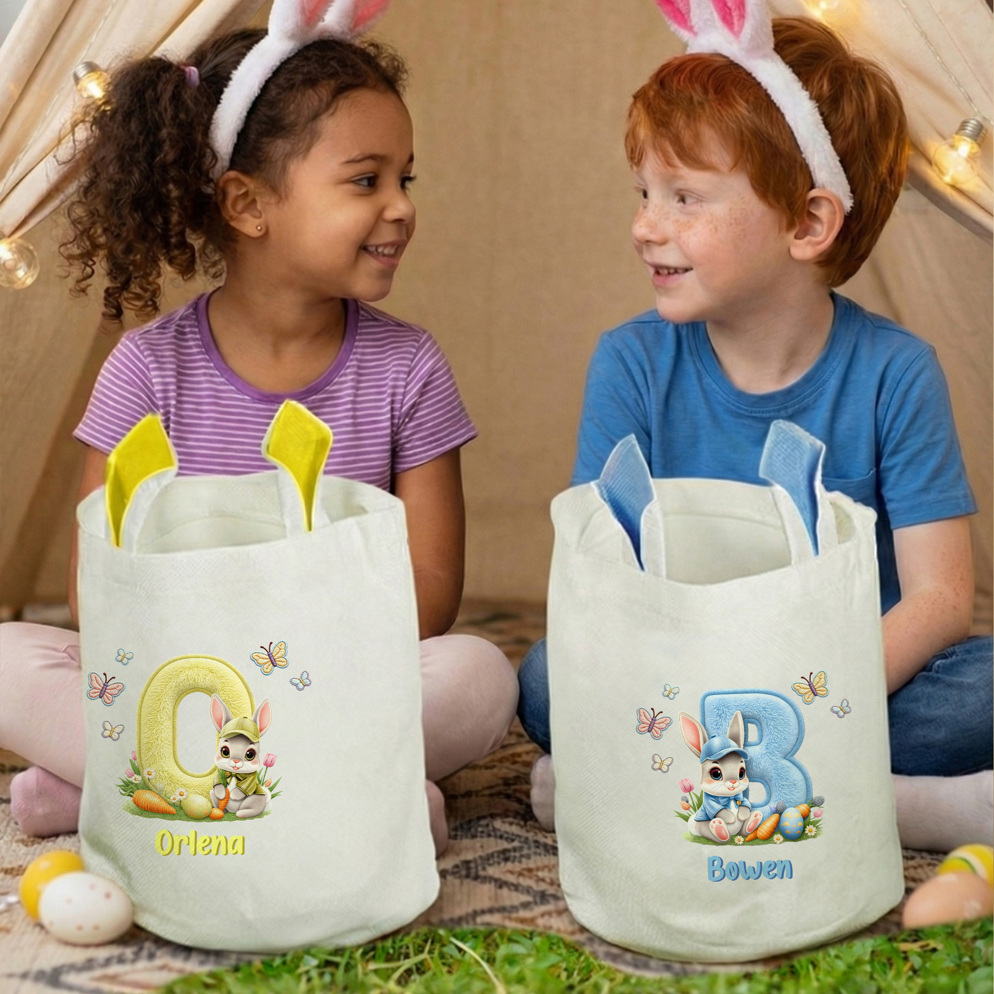 Personalised Butterfly Cute Rabbit Bunny Ears Easter Basket with Name ...