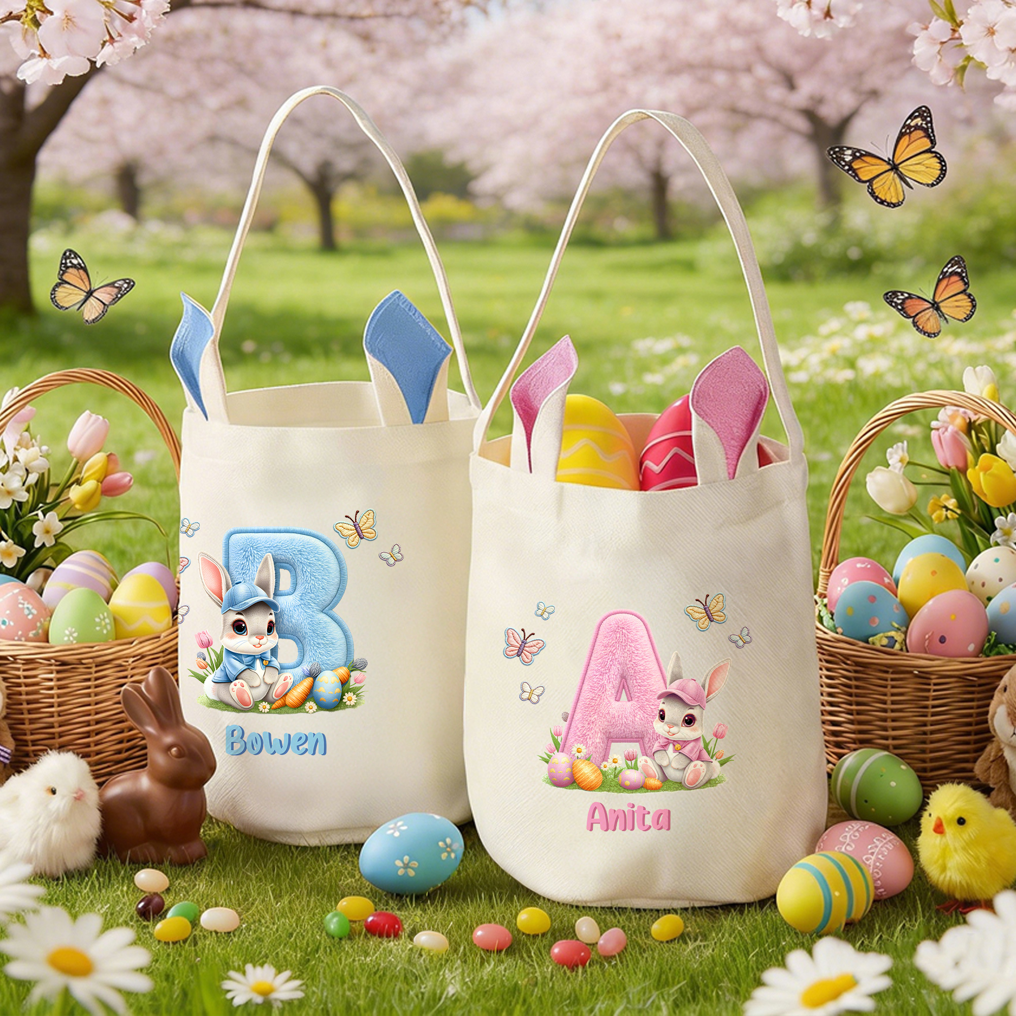 Personalised Butterfly Cute Rabbit Bunny Ears Easter Basket with Name ...