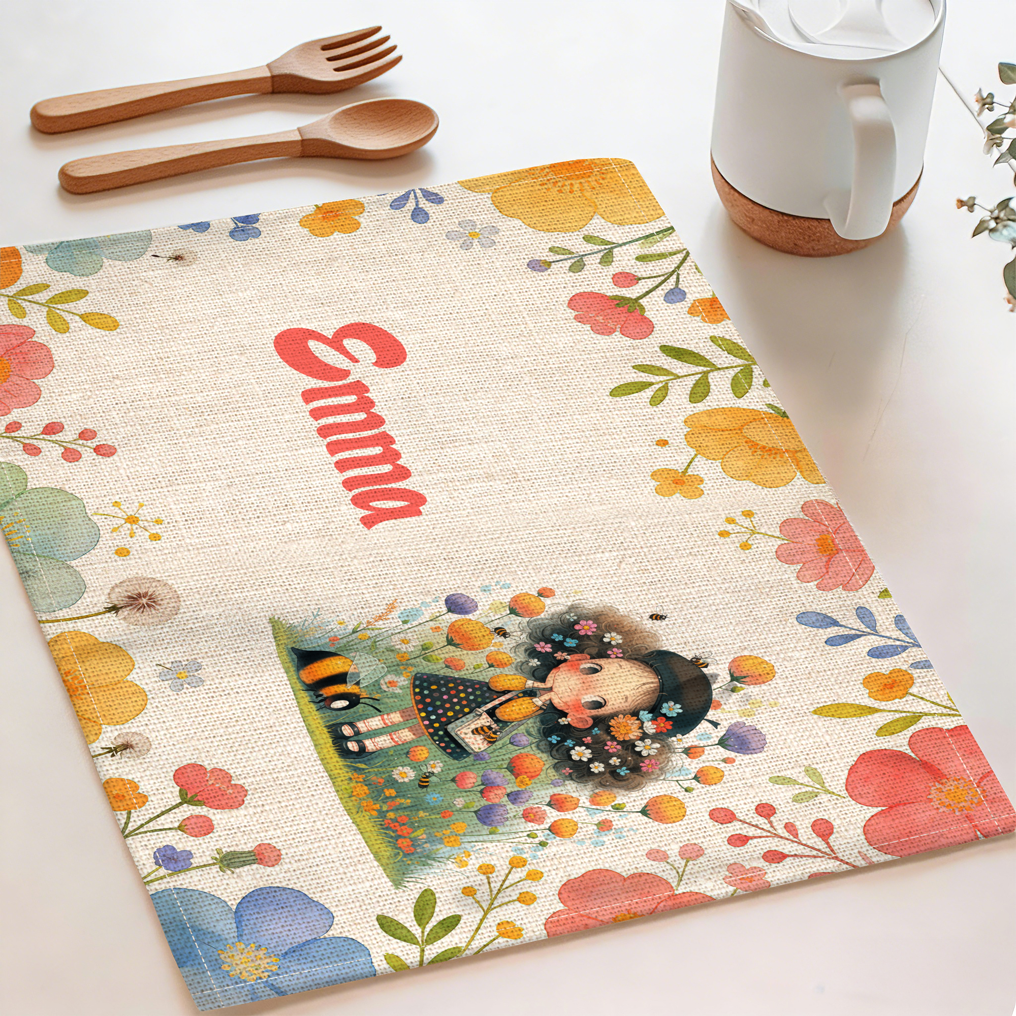 Personalized Flower Cartoon Character Rectangle Linen Placemat with ...