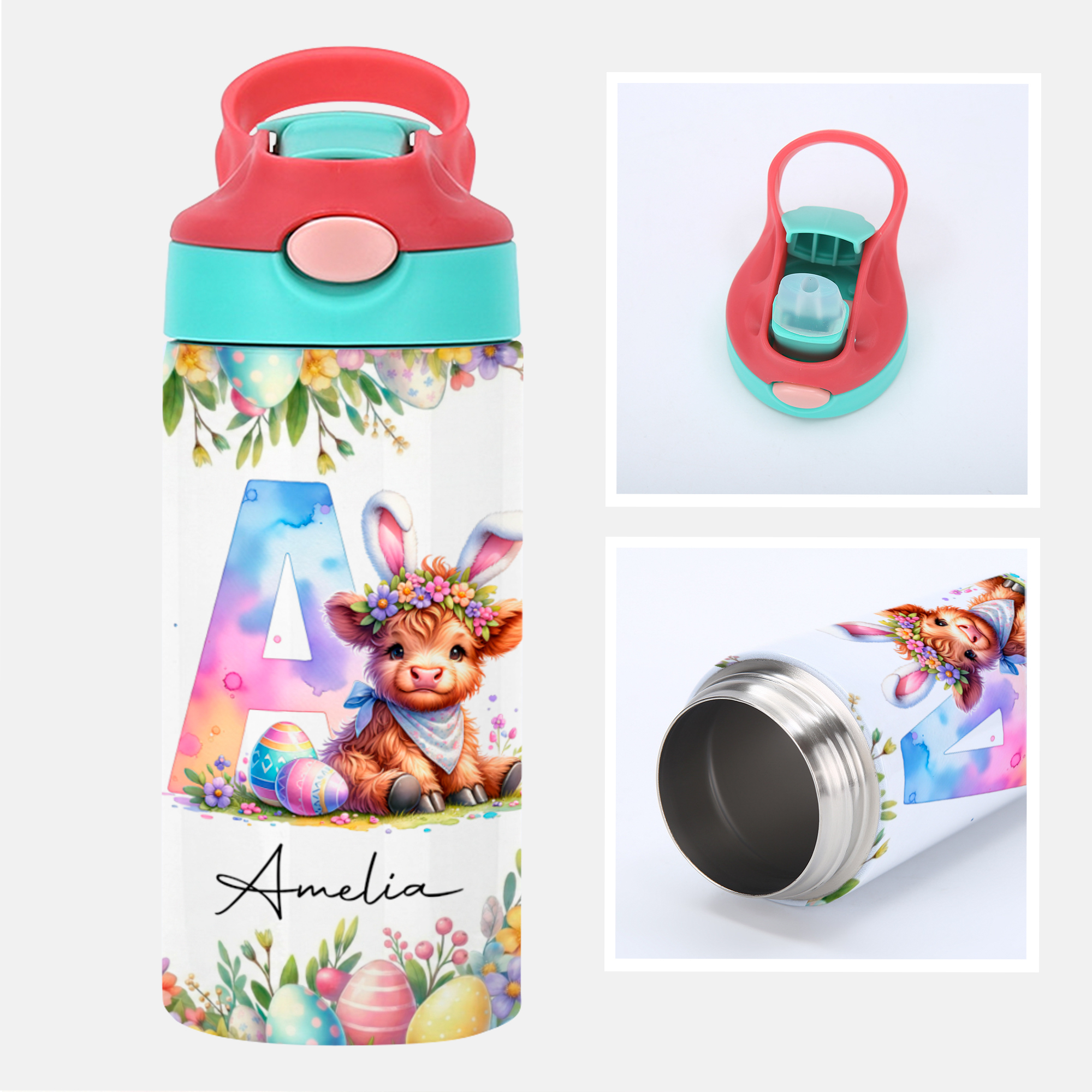 Personalized Easter Rabbit Ears Highland Cow 12 oz Insulated Kid Water ...