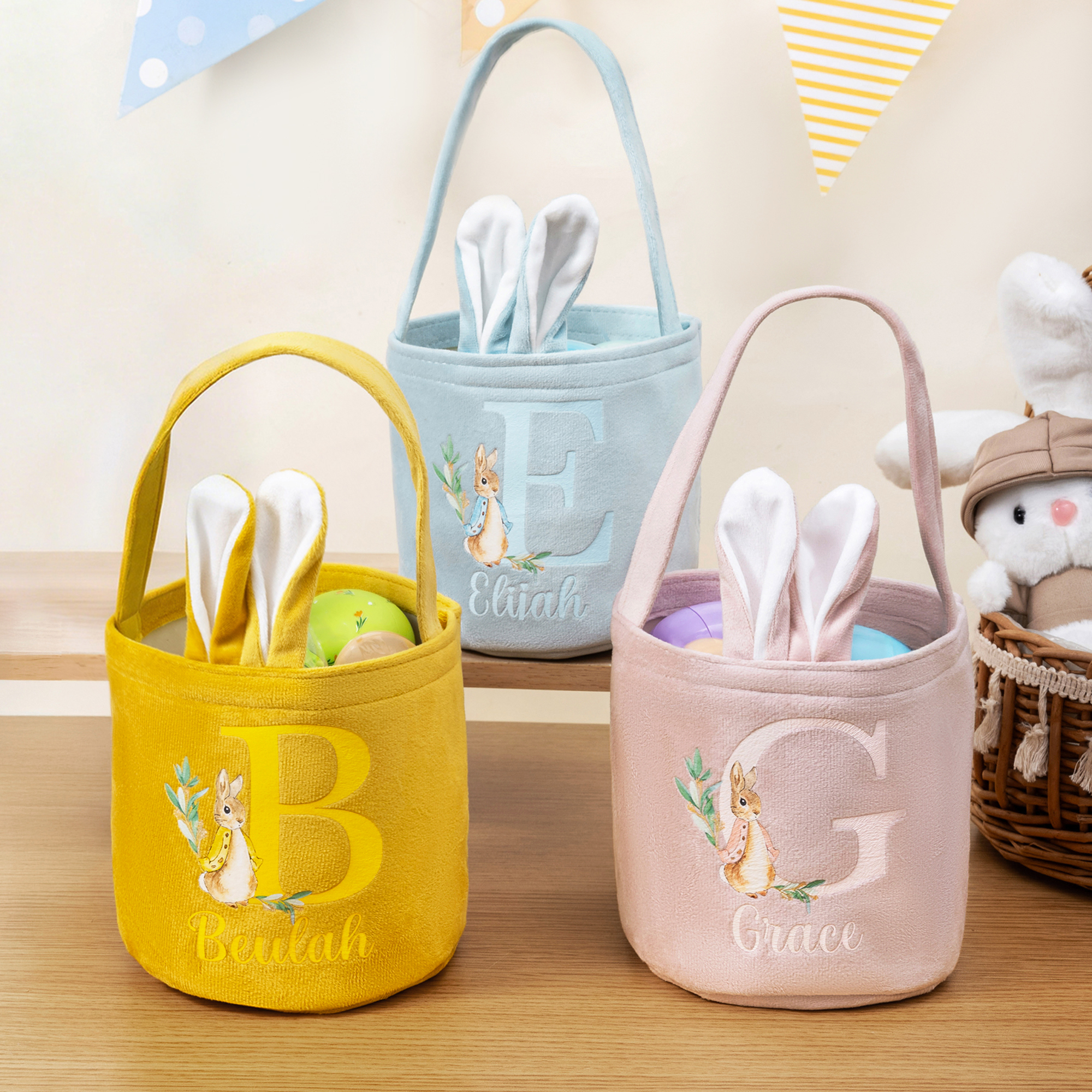 Personalised Cute Peter Rabbit Initial Bunny Ears Easter Basket with ...
