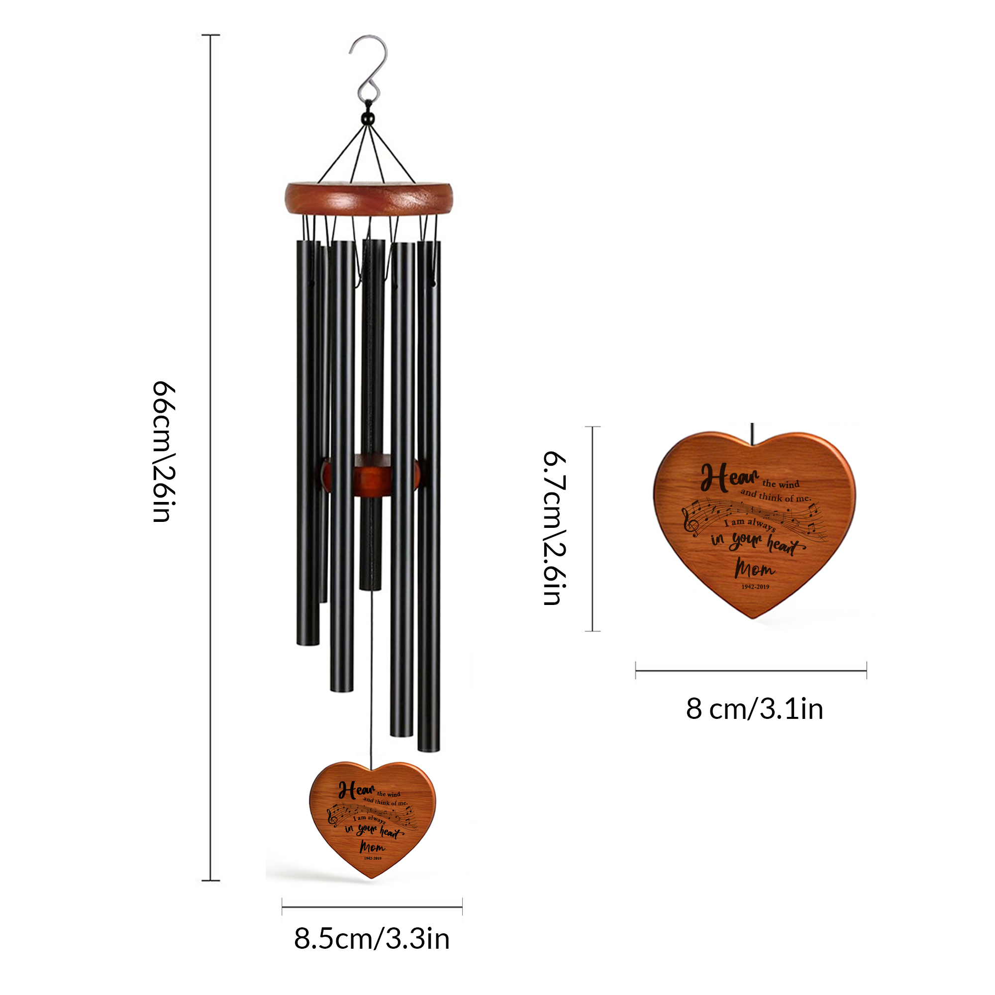 Personalized Photo Heart Wooden Wind Chimes with Text and Date Memorial ...