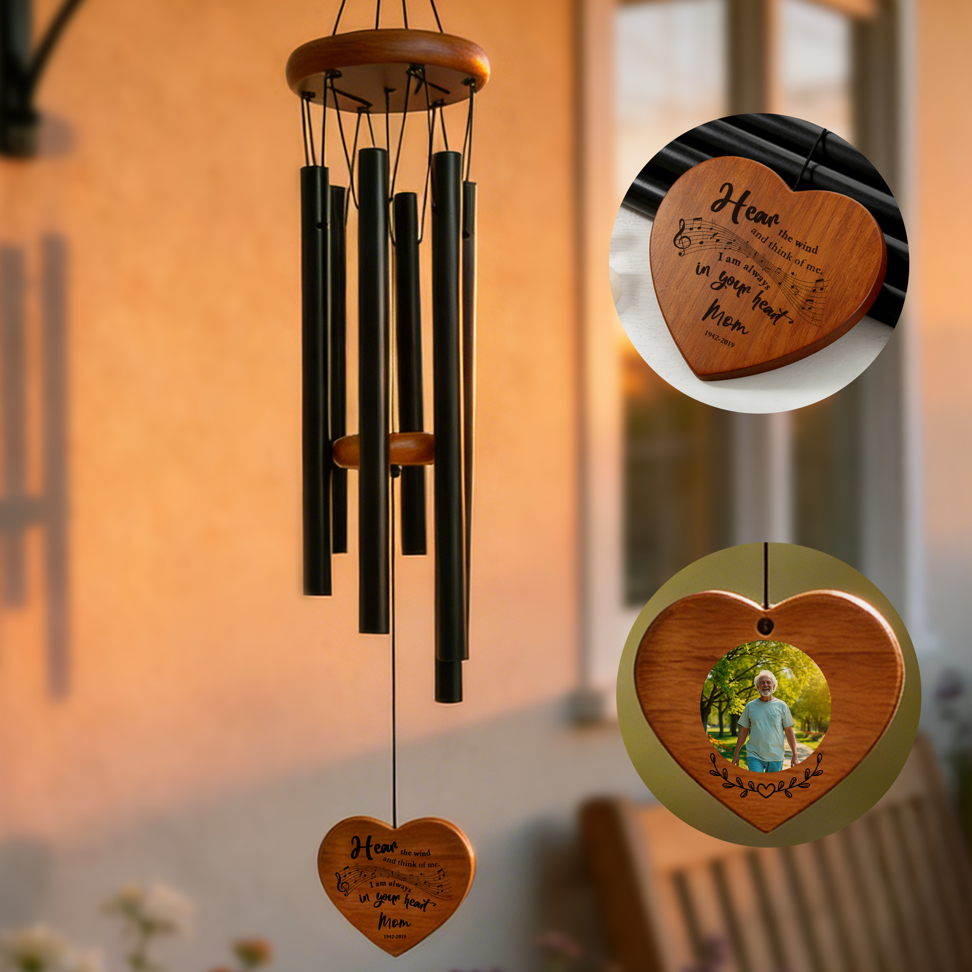 Personalisierte Foto Herz hölzerne Windspiel mit Text und Datum ...