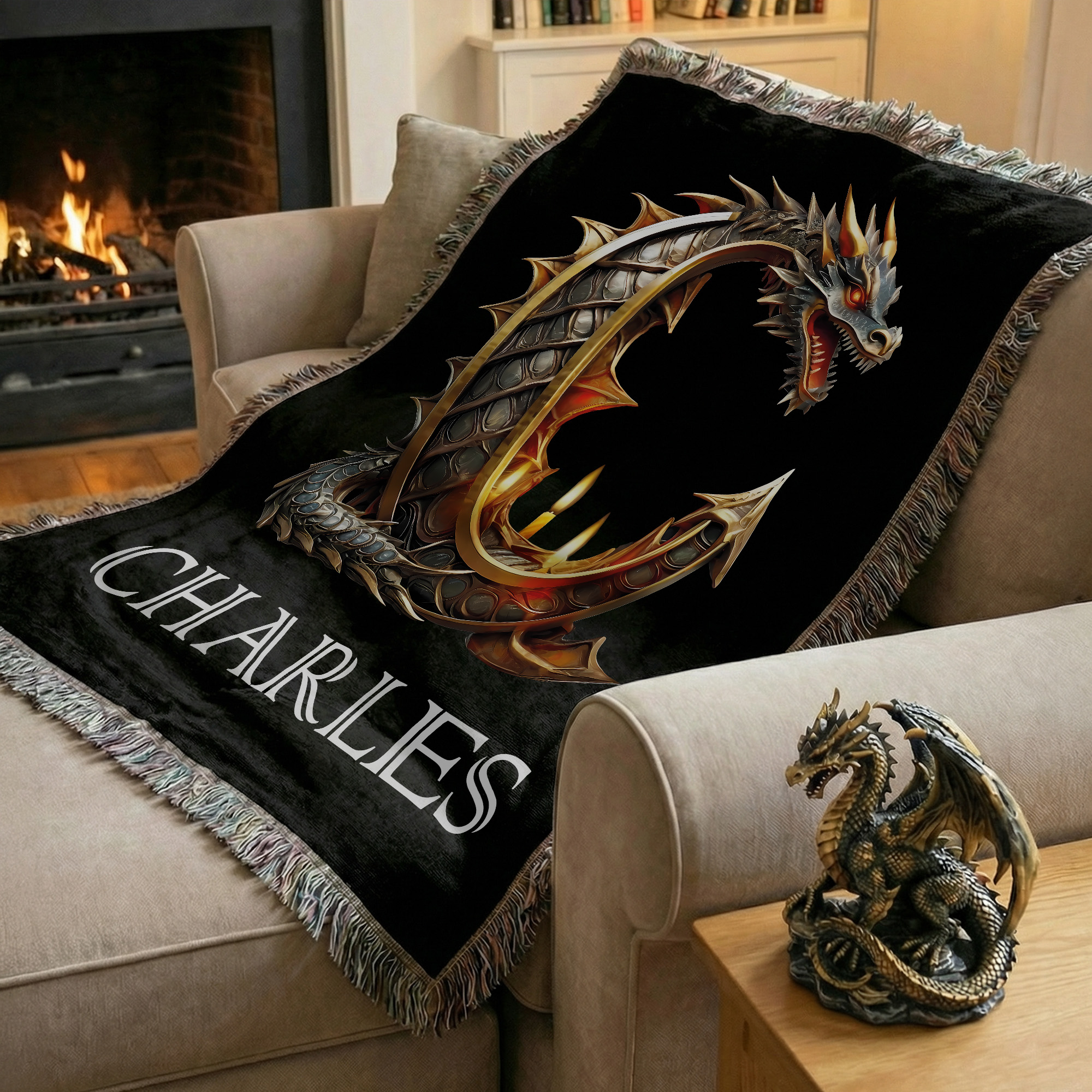 Personalized Dragon Initial Soft Tassel Blanket with Name Home Decor ...