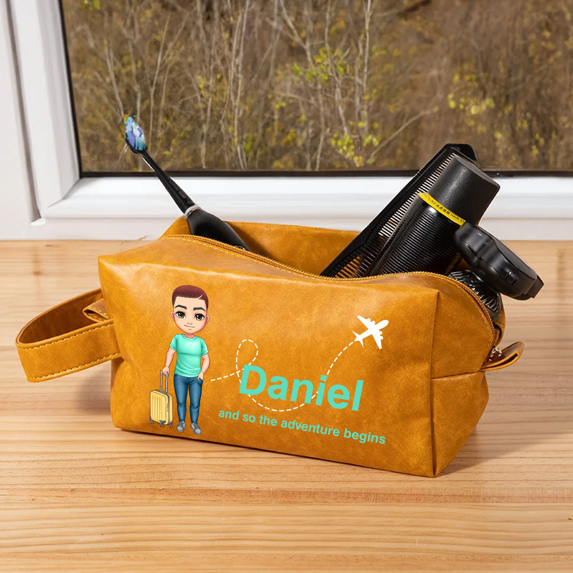 Personalisierte Cartoon Mann Charakter Flugzeug PU Leder Kulturtasche ...