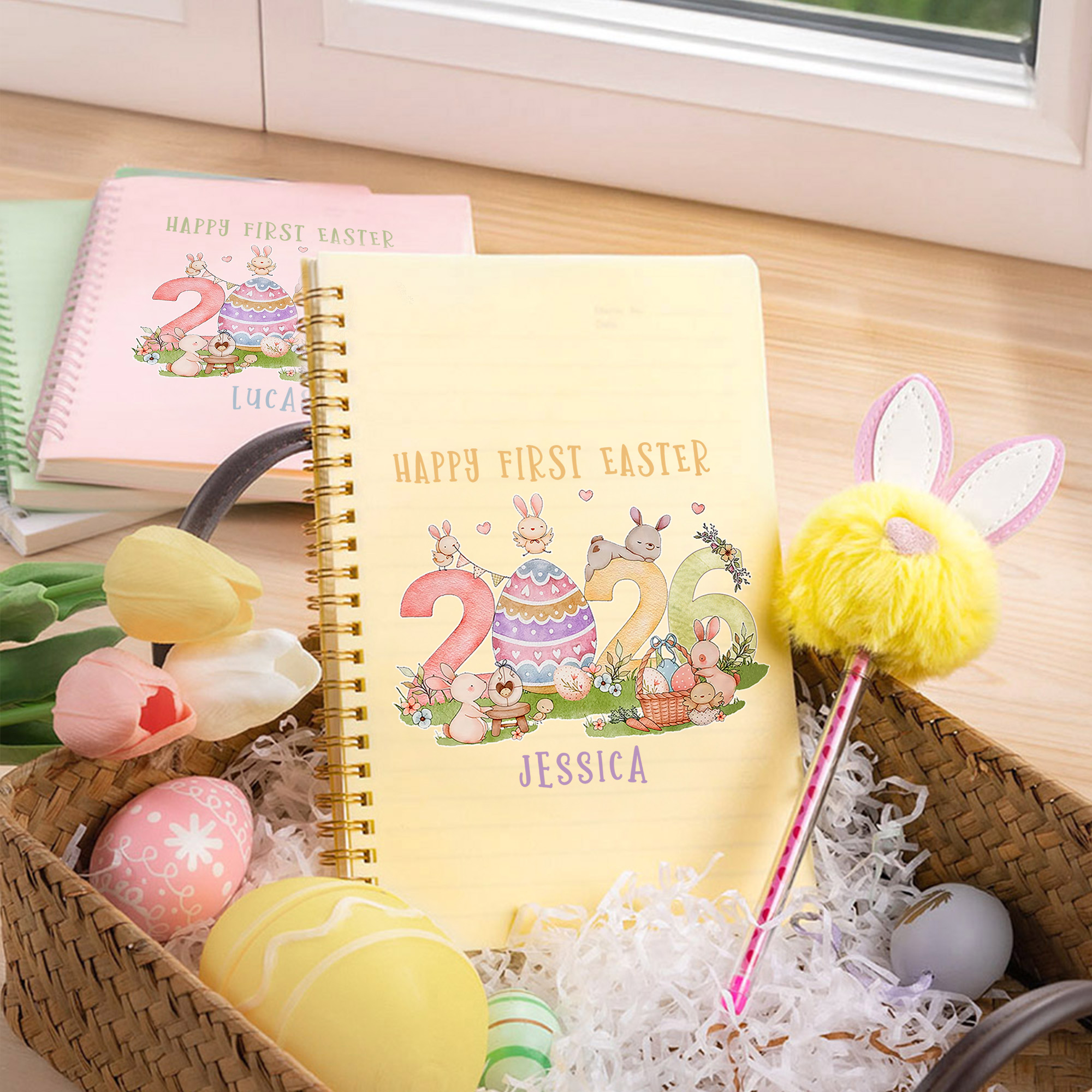 Personalized 2026 Happy First Easter Spiral Notebook and Pom Pom Pen ...