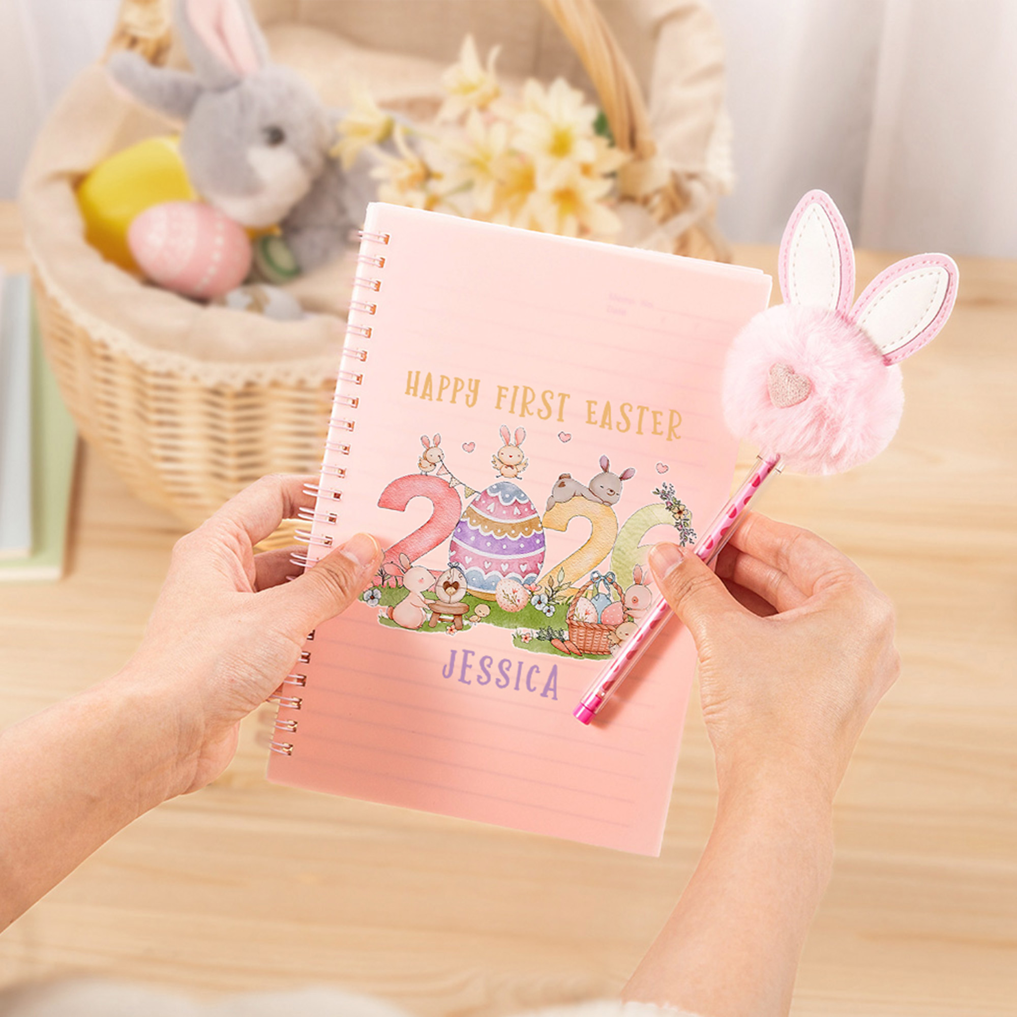 Personalized 2026 Happy First Easter Spiral Notebook and Pom Pom Pen ...