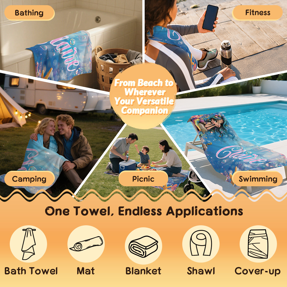 Personalized Cartoon Mermaid Quick Dry Beach Towel with Name Travel ...