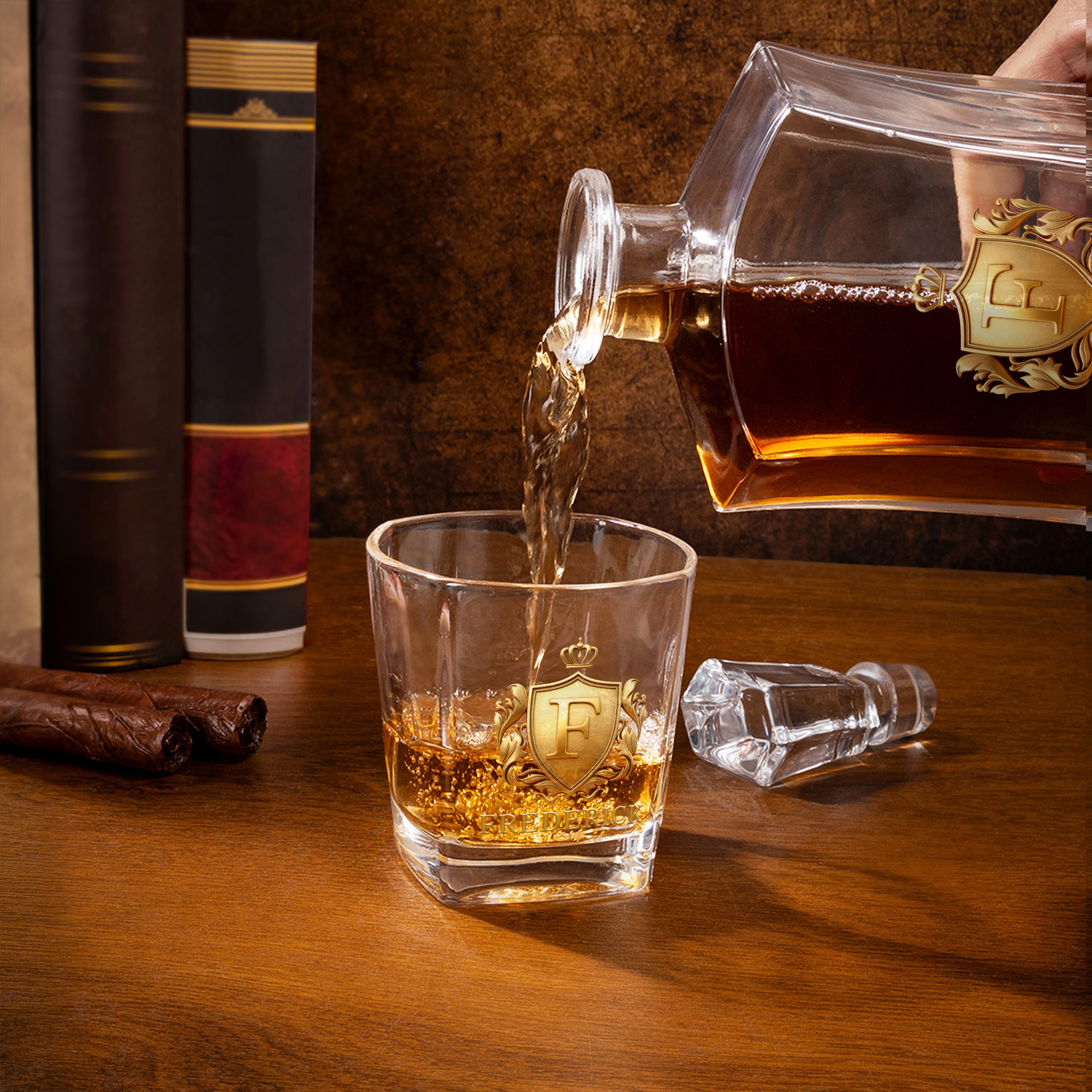 Personalized Golden Crown Shield Initial Hexagonal Decanter Whiskey ...