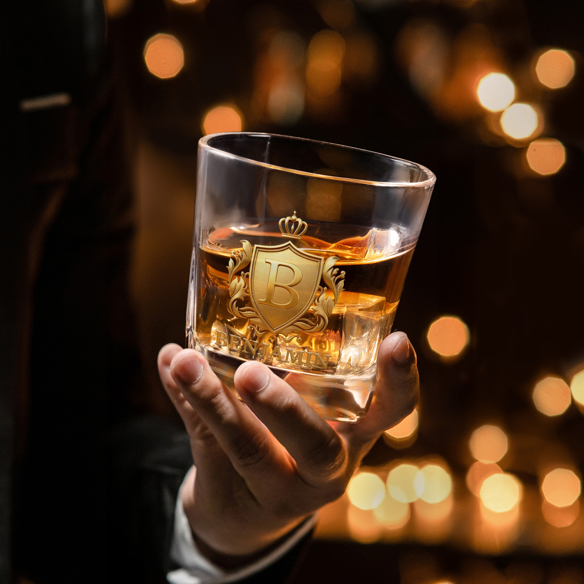 Personalized Golden Crown Shield Initial Hexagonal Decanter Whiskey ...