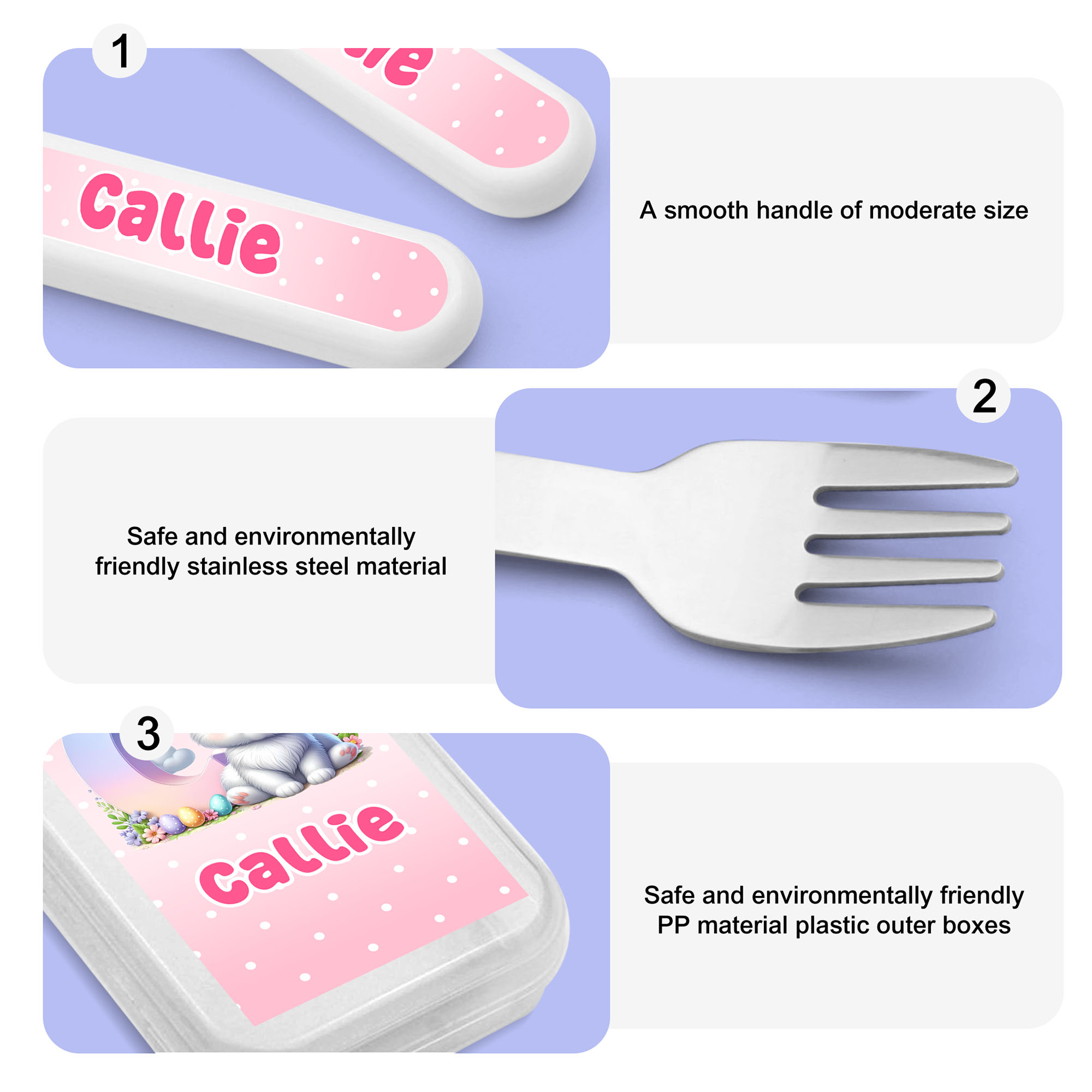 Personalized Cute Cartoon Bunny Fork Spoon Knife 3 Pcs Cutlery Set with ...
