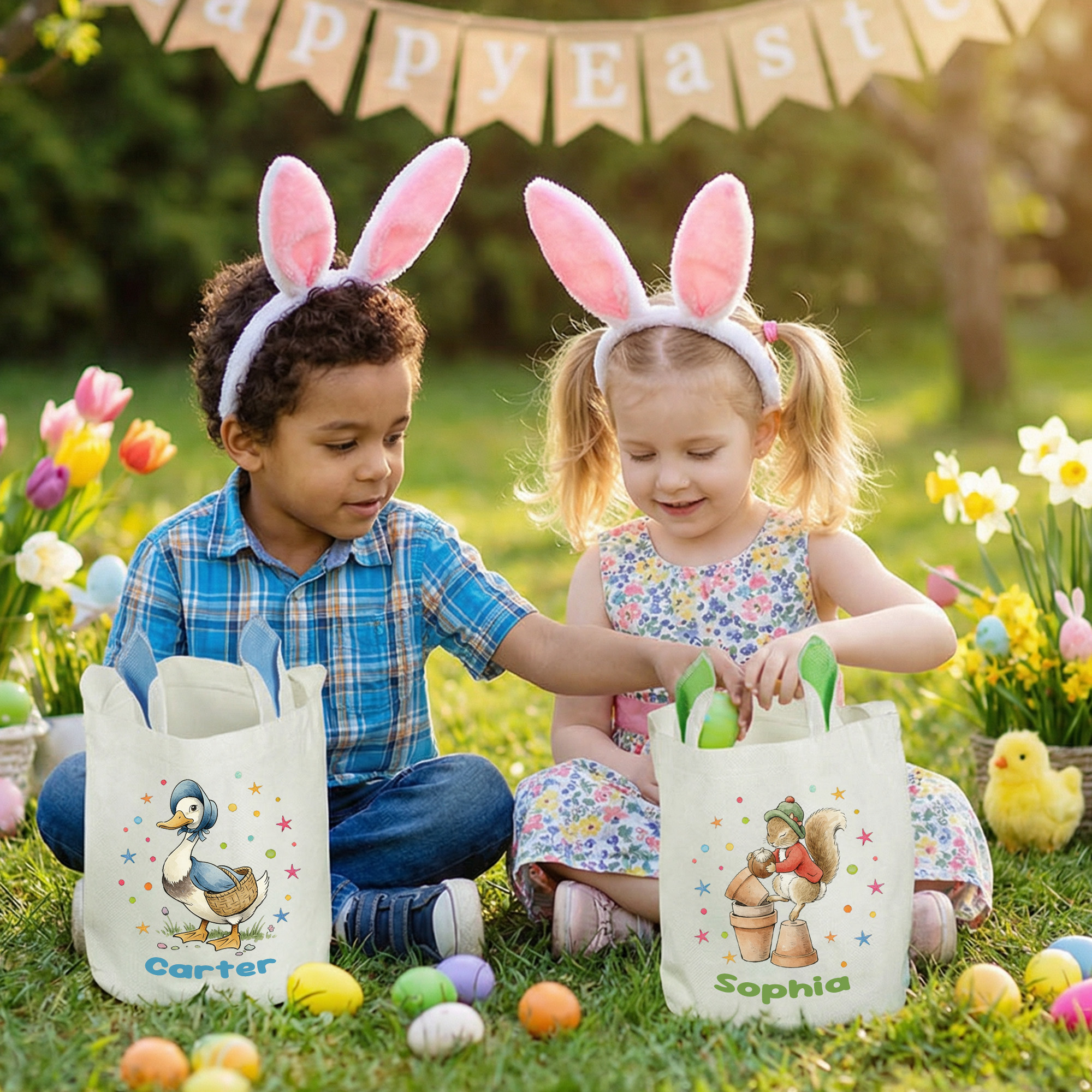 Personalised Cute Bunny Animal Easter Egg Stars Bunny Ears Basket with ...