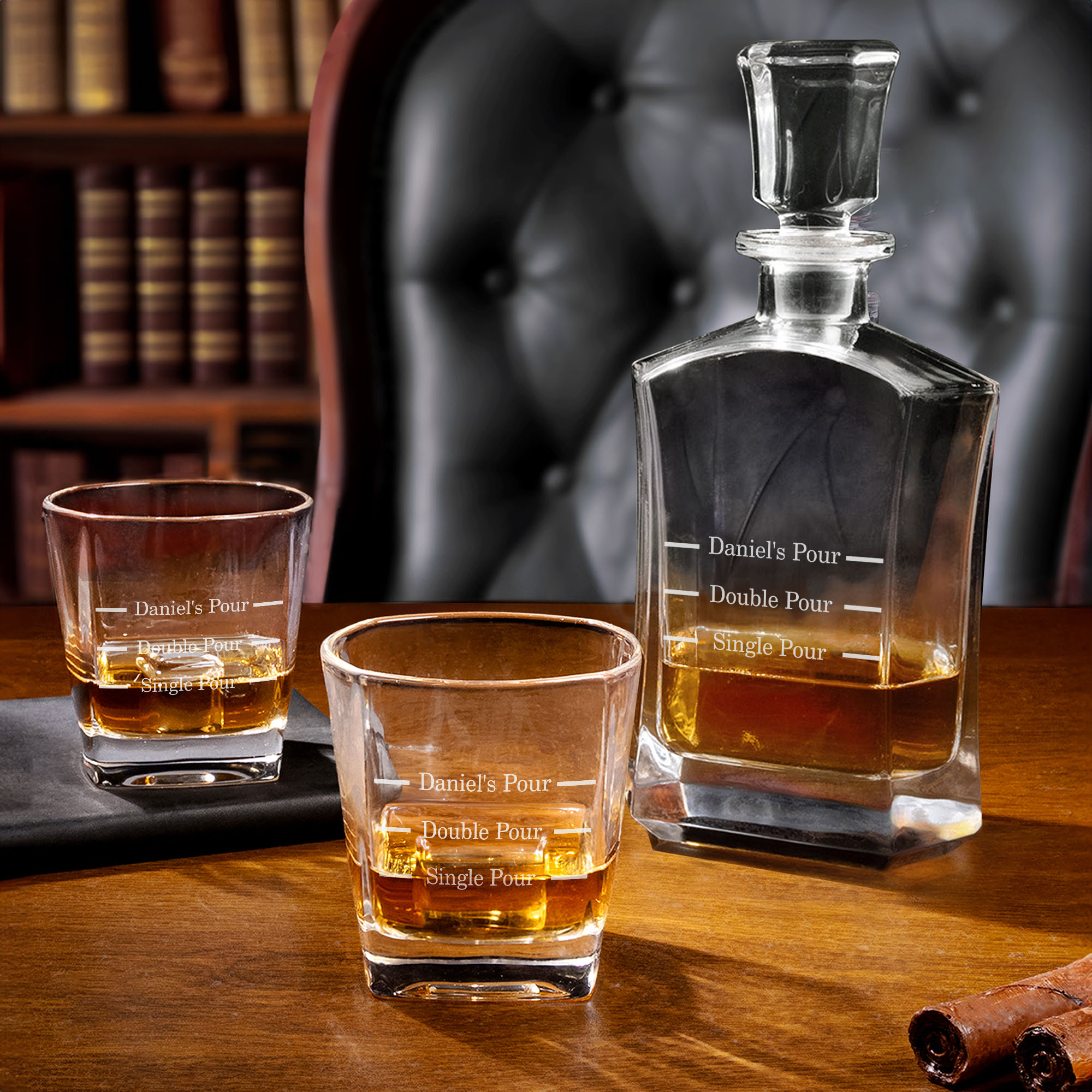 Personalized Pour Lines Name Hexagonal Decanter 4 Whiskey Glasses Set ...
