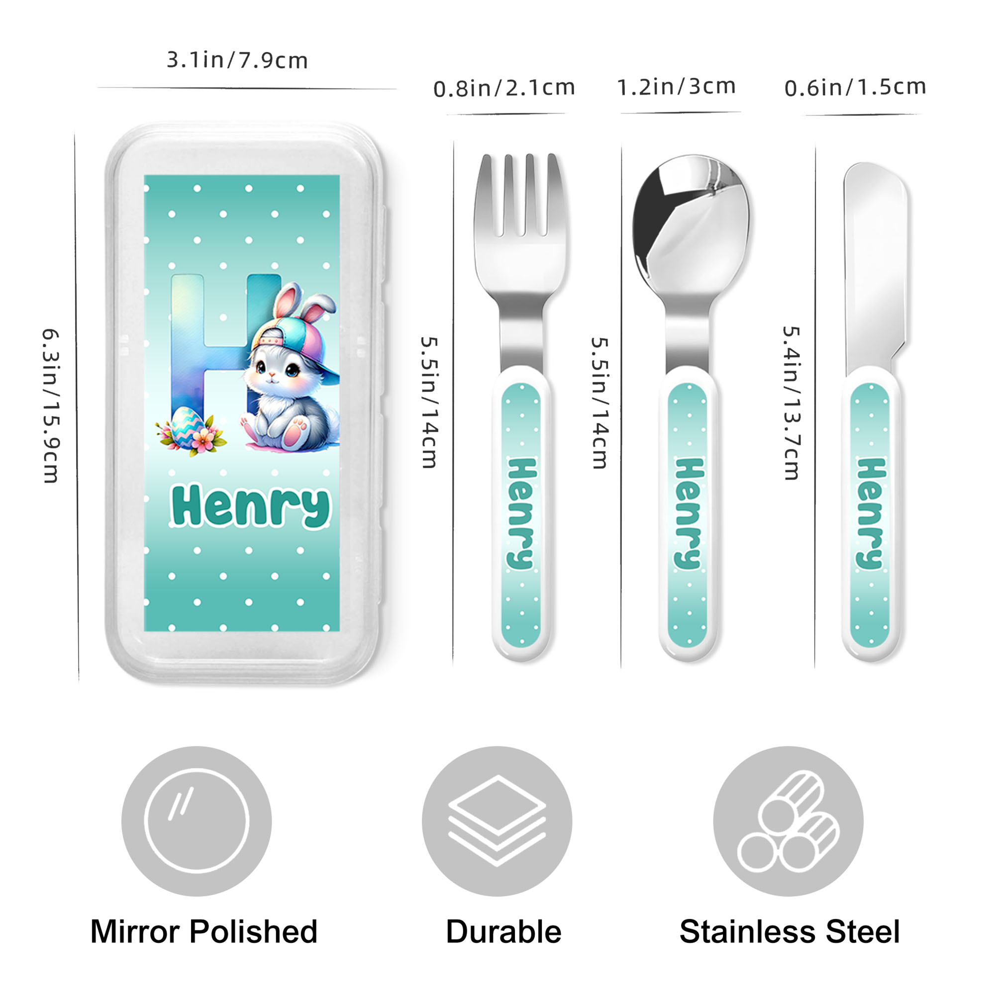 Personalized Cute Cartoon Bunny Fork Spoon Knife 3 Pcs Cutlery Set with ...
