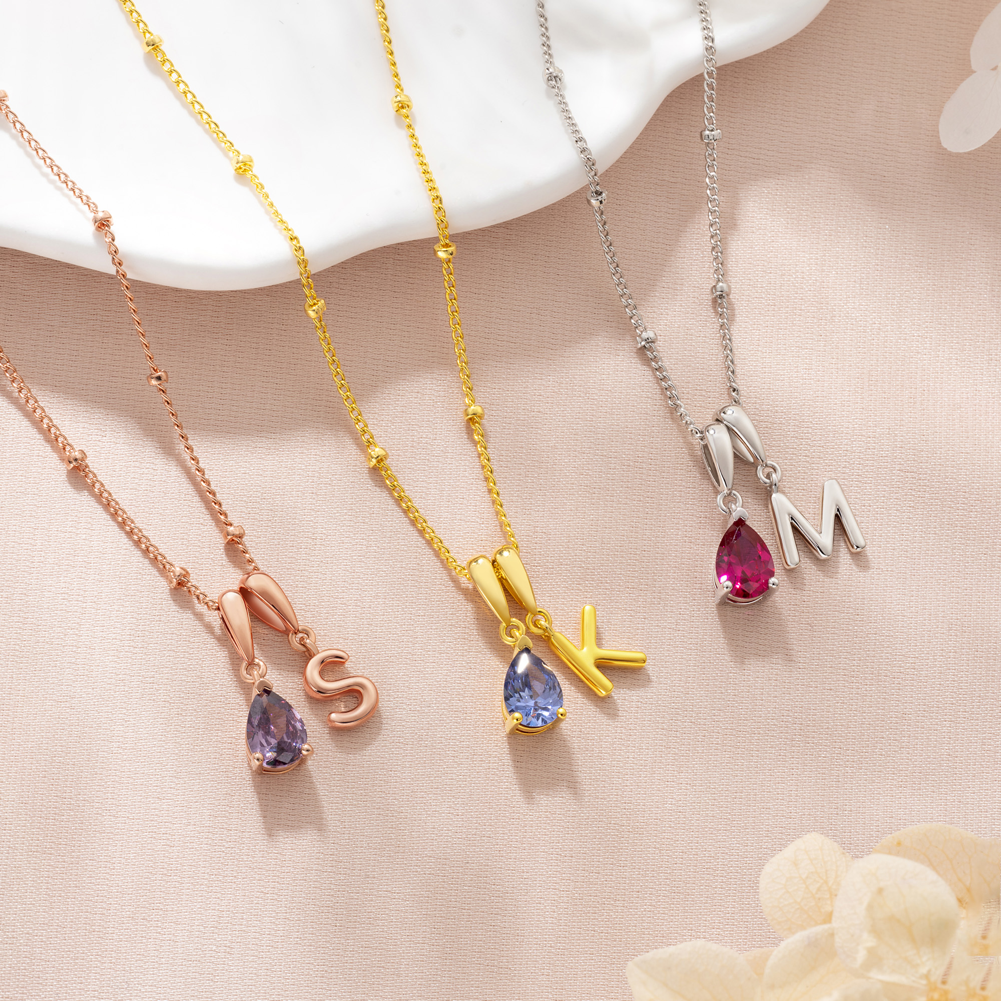 Collier personnalisé 3D Bubble Initial avec Teardrop Birthstone Dainty ...