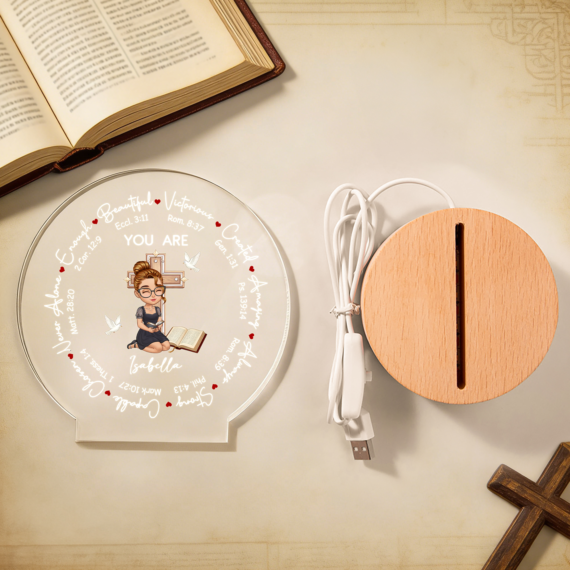 Personalized Cartoon Prayer Character Cross Bible LED Night Light with ...