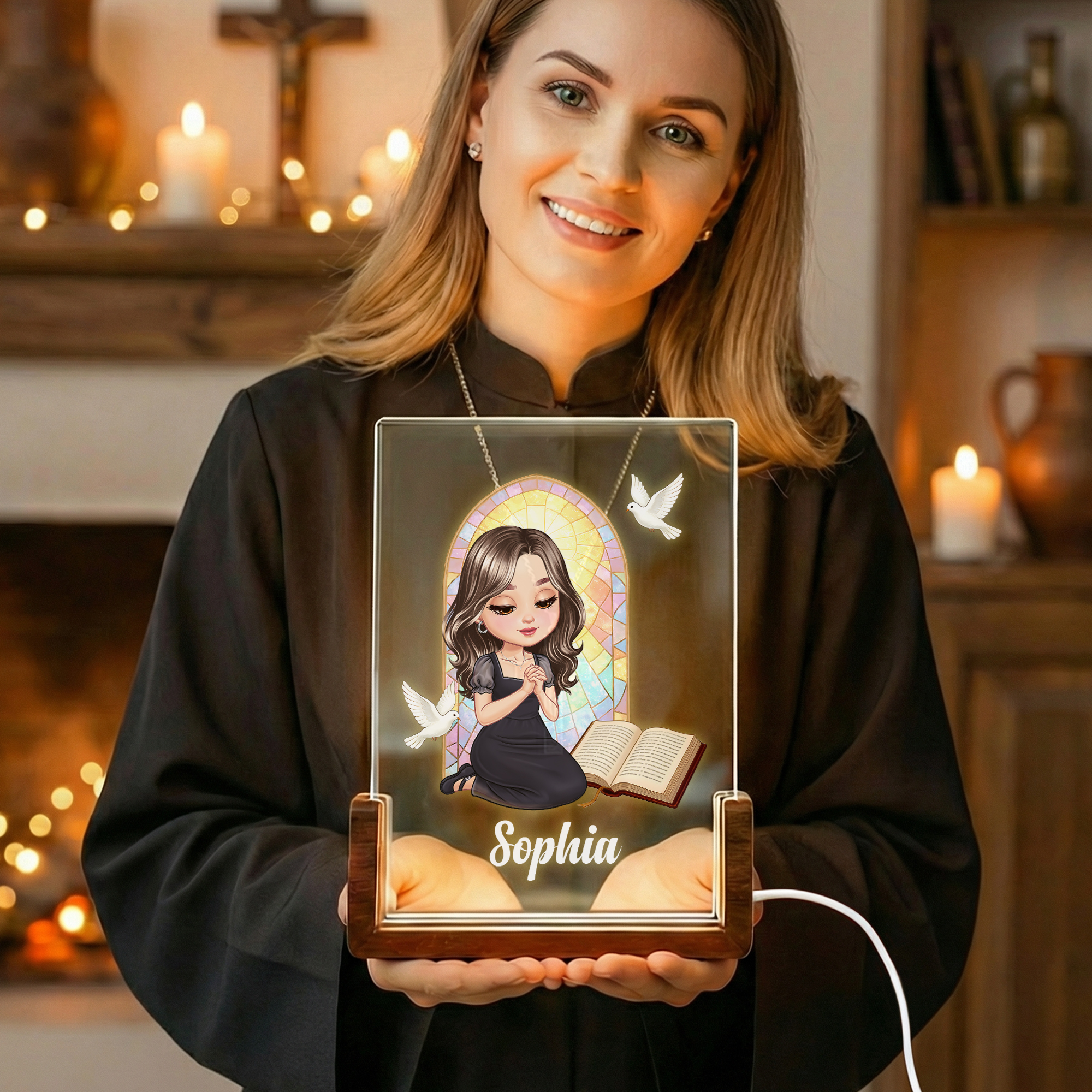 Personalised Cross Bible Book Cartoon Prayer Character Acrylic LED ...