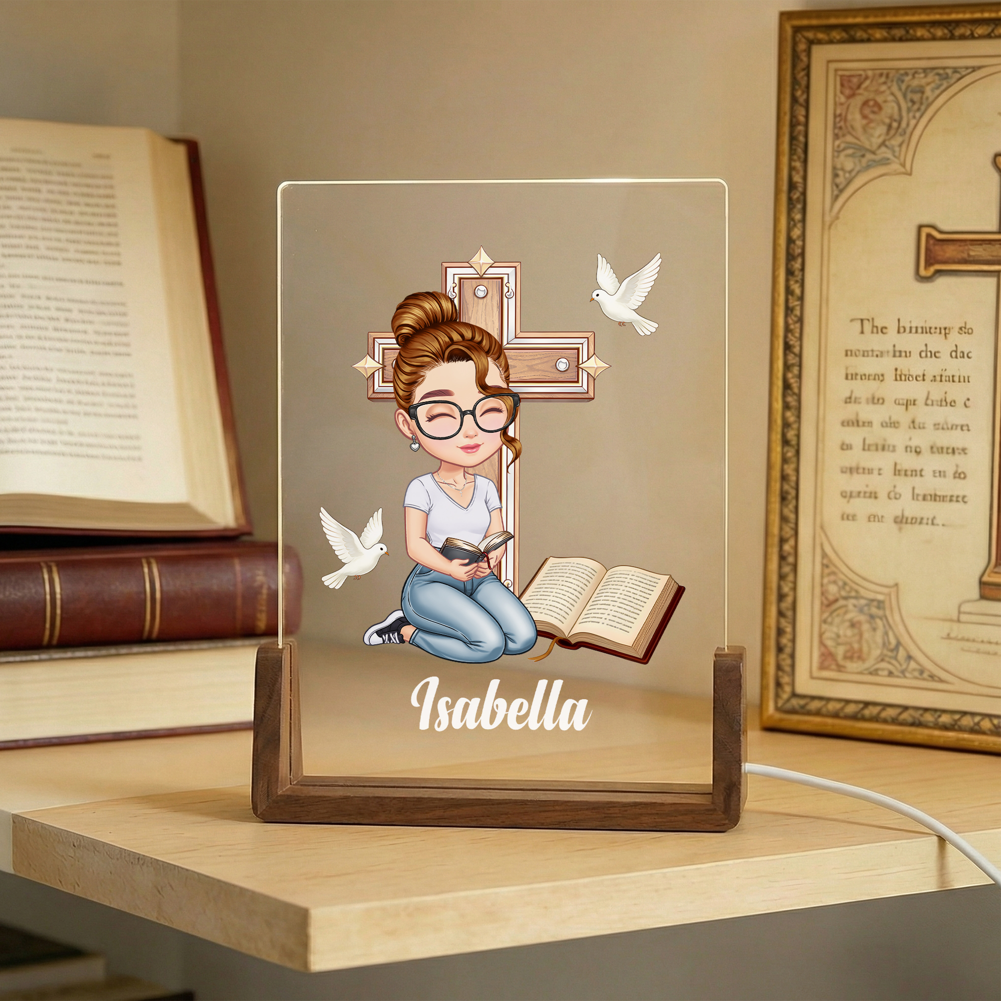 Personalised Cross Bible Book Cartoon Prayer Character Acrylic LED ...