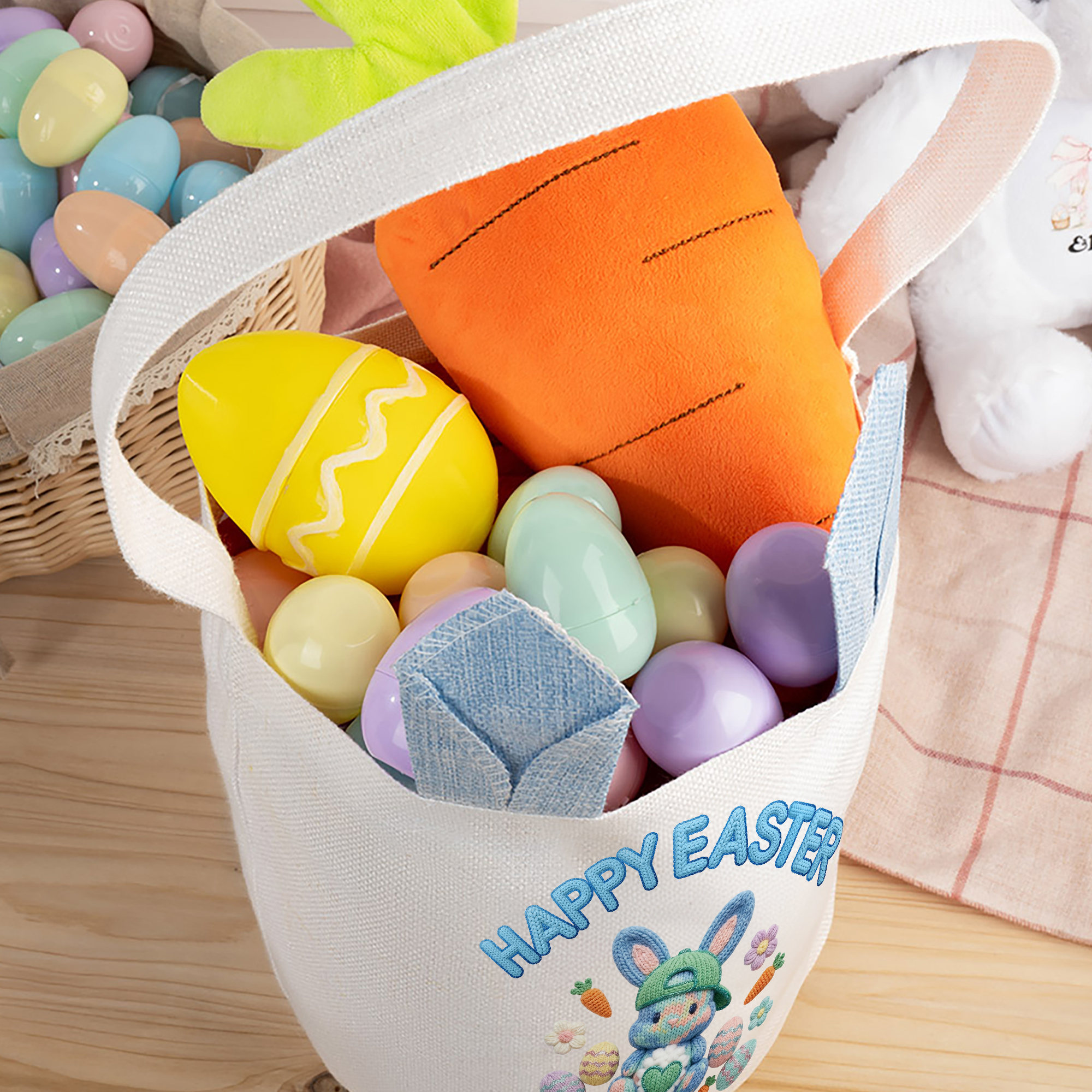 Personalized Yarn Crocheted Effect Cute Rabbit Name Linen Bucket Basket ...