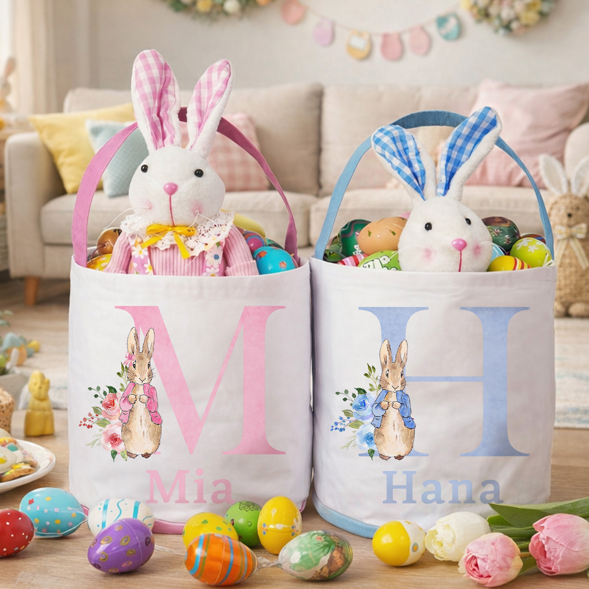 Personalised Cute Peter Rabbit Initial Easter Bucket Basket with Name ...