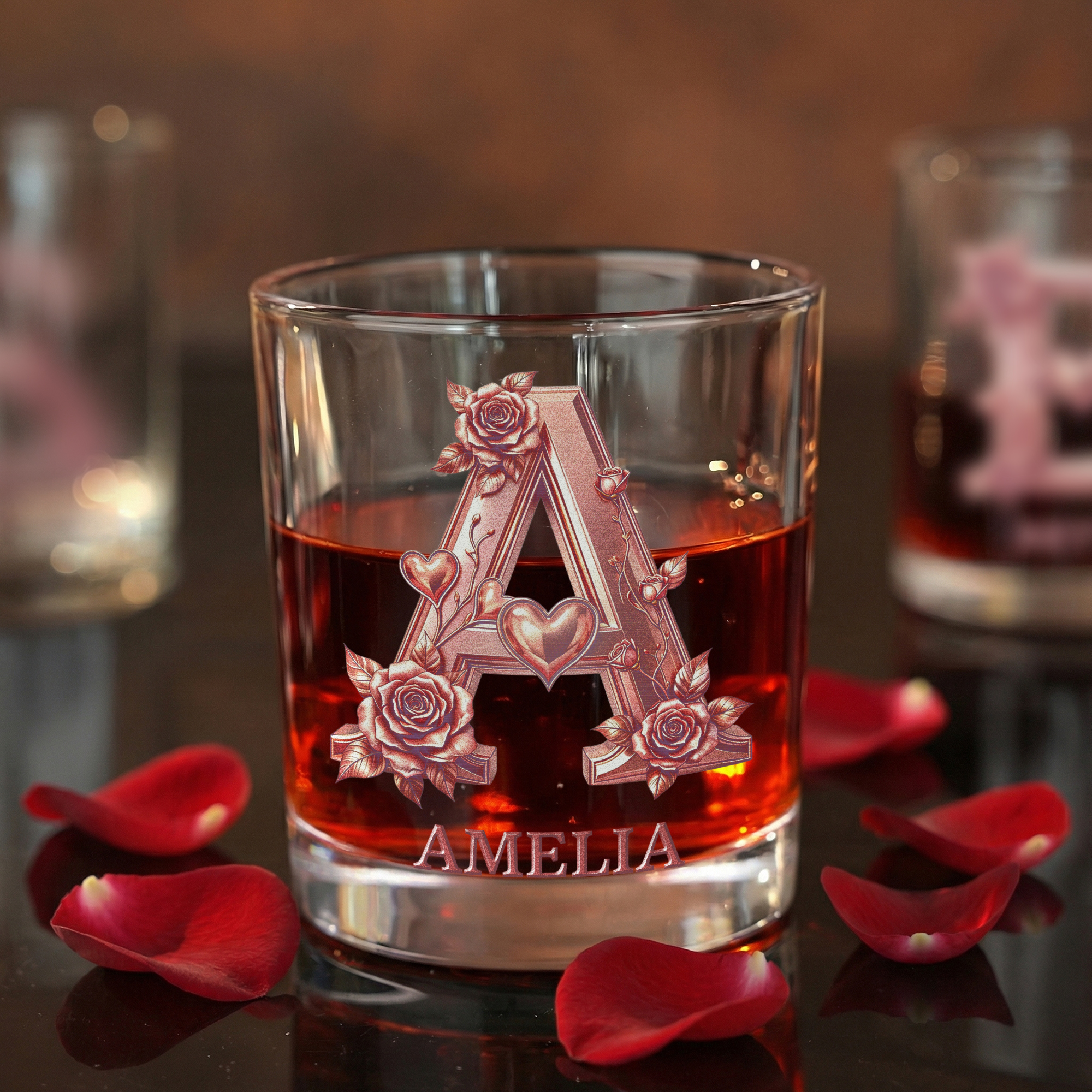 Verre à whisky personnalisé Rose Love Initial 10 oz avec nom Cadeau de ...