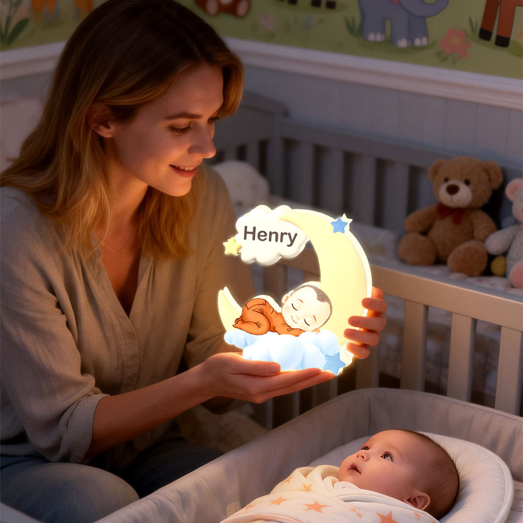 Personalized Cartoon Character Moon LED Night Light with Name Nursery ...