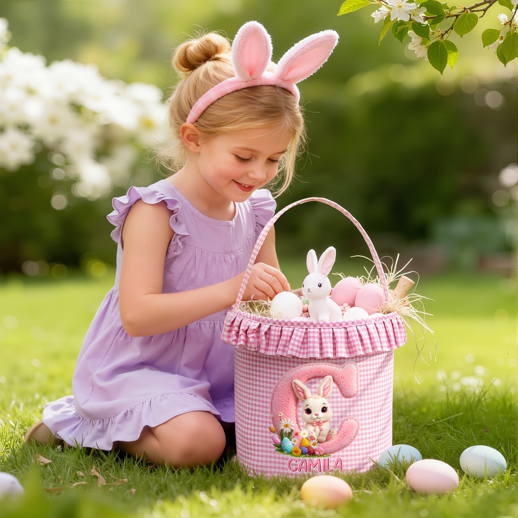 Personalised Cute Easter Bunny Initial Flower Large Capacity Plaid ...