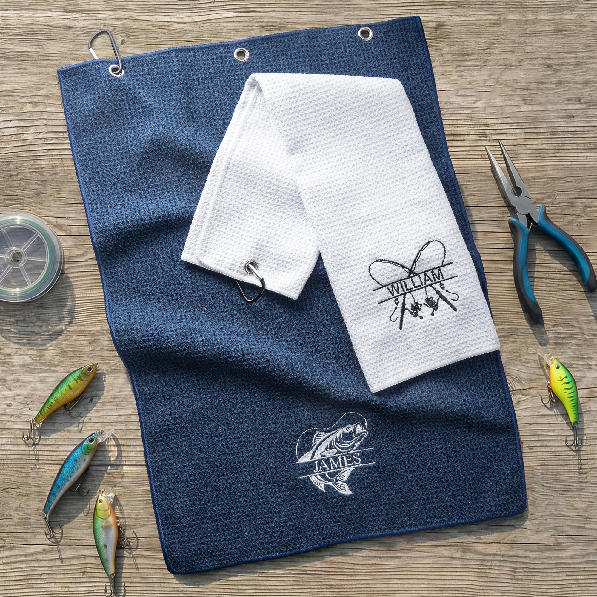 Personalised Fishing Theme Monogram Embroidery Waffle Towel with Name ...