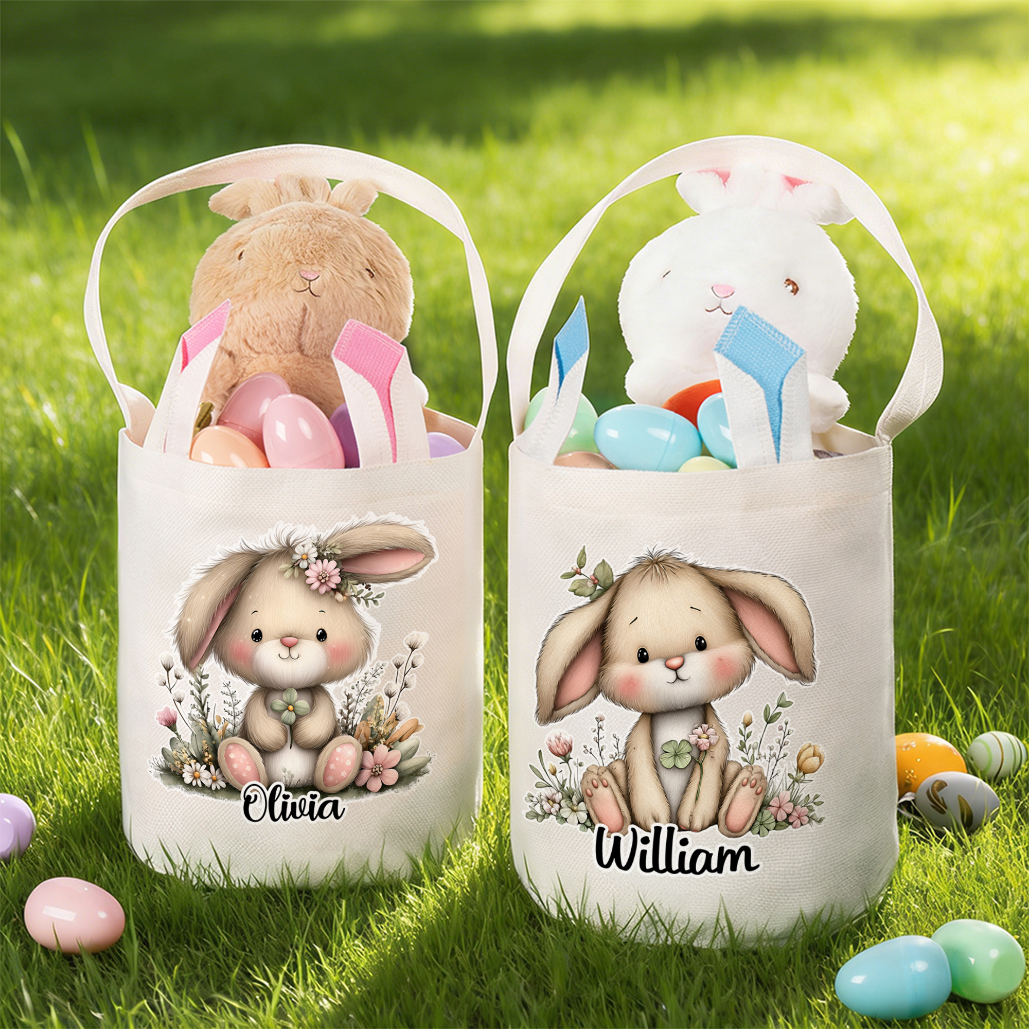 Personalized Cute Rabbit Flower Bunny Ears Easter Basket with Name ...