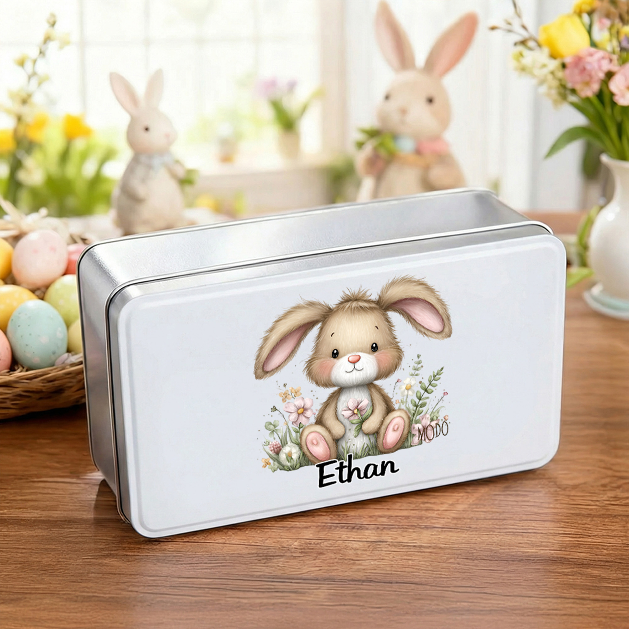Personalized Cute Easter Bunny Food Grade Metal Biscuit Tin with Name ...
