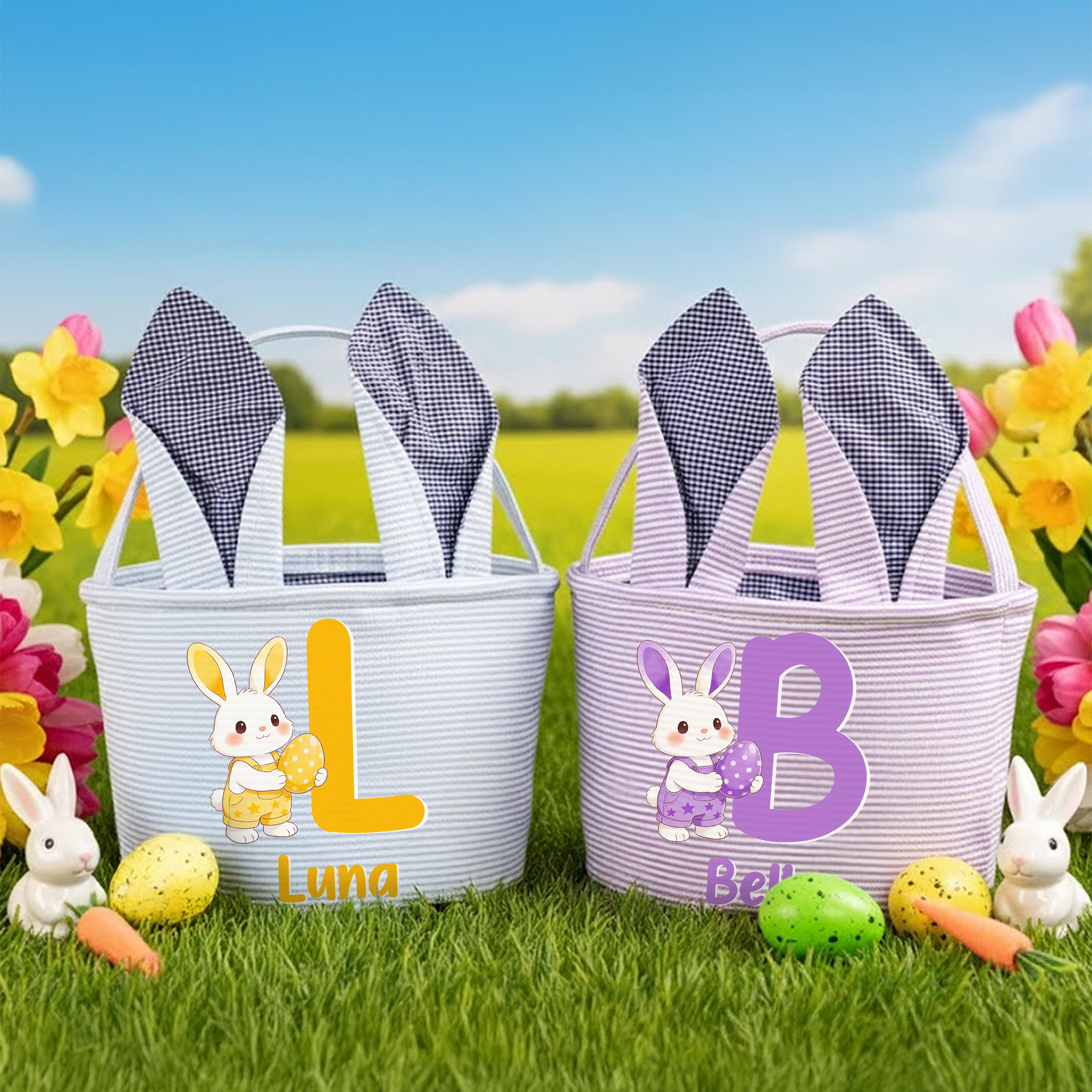 Personalised Cute Rabbit Easter Egg Ears Stripe Easter Basket with Name ...