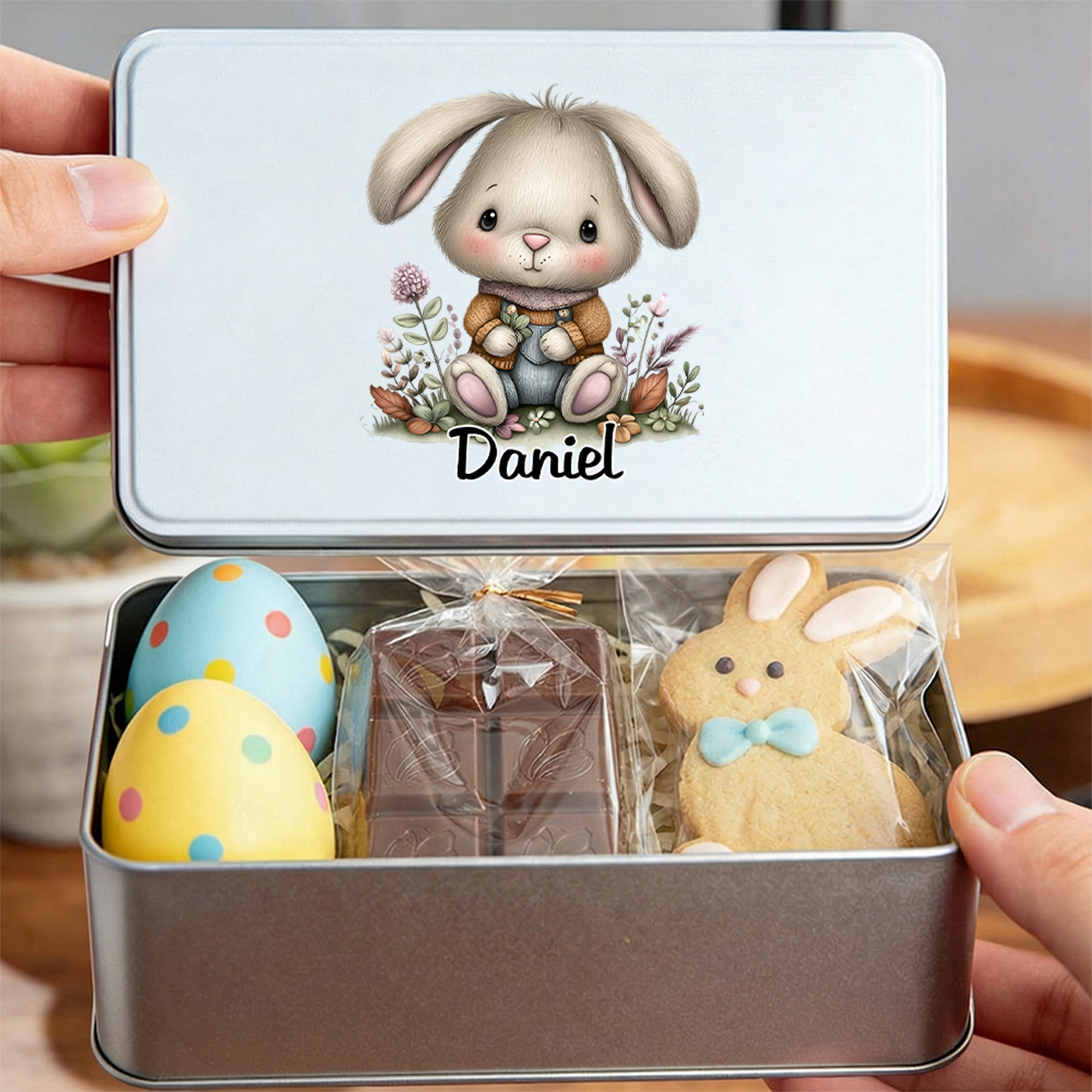 Personalized Cute Easter Bunny Food Grade Metal Biscuit Tin with Name ...