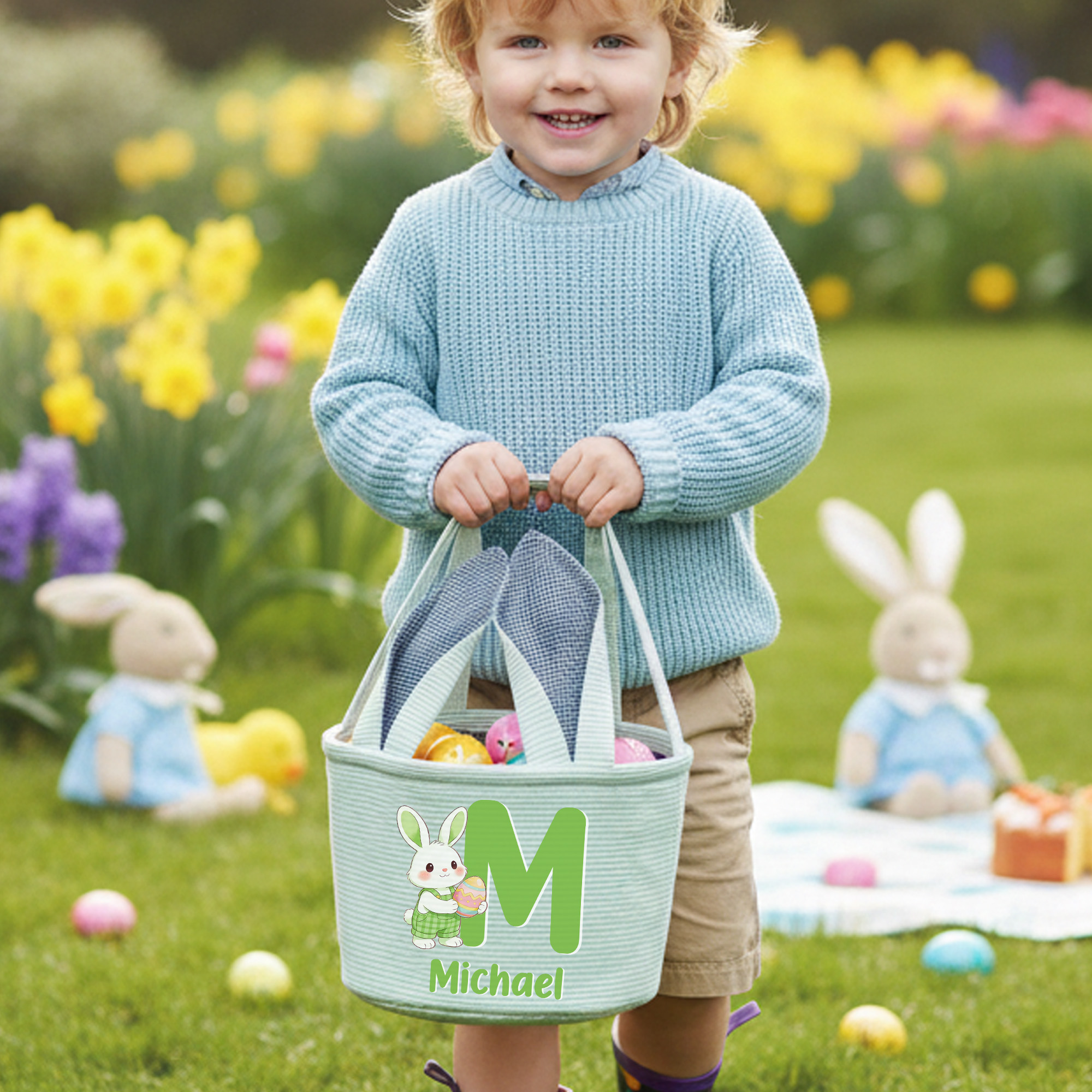Personalised Cute Rabbit Easter Egg Ears Stripe Easter Basket with Name ...