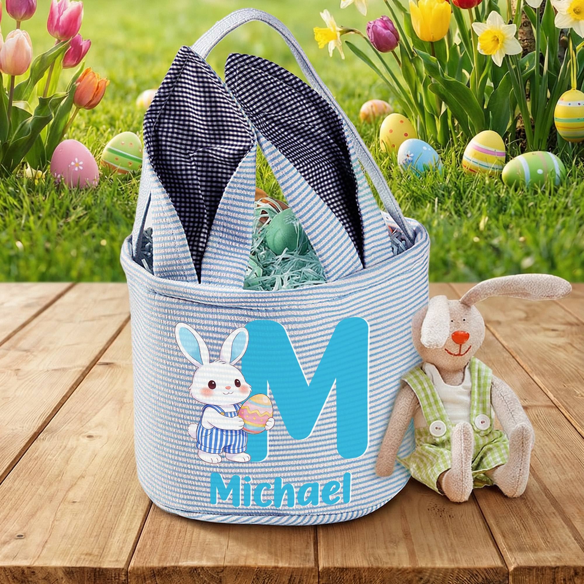 Personalised Cute Rabbit Easter Egg Ears Stripe Easter Basket with Name ...