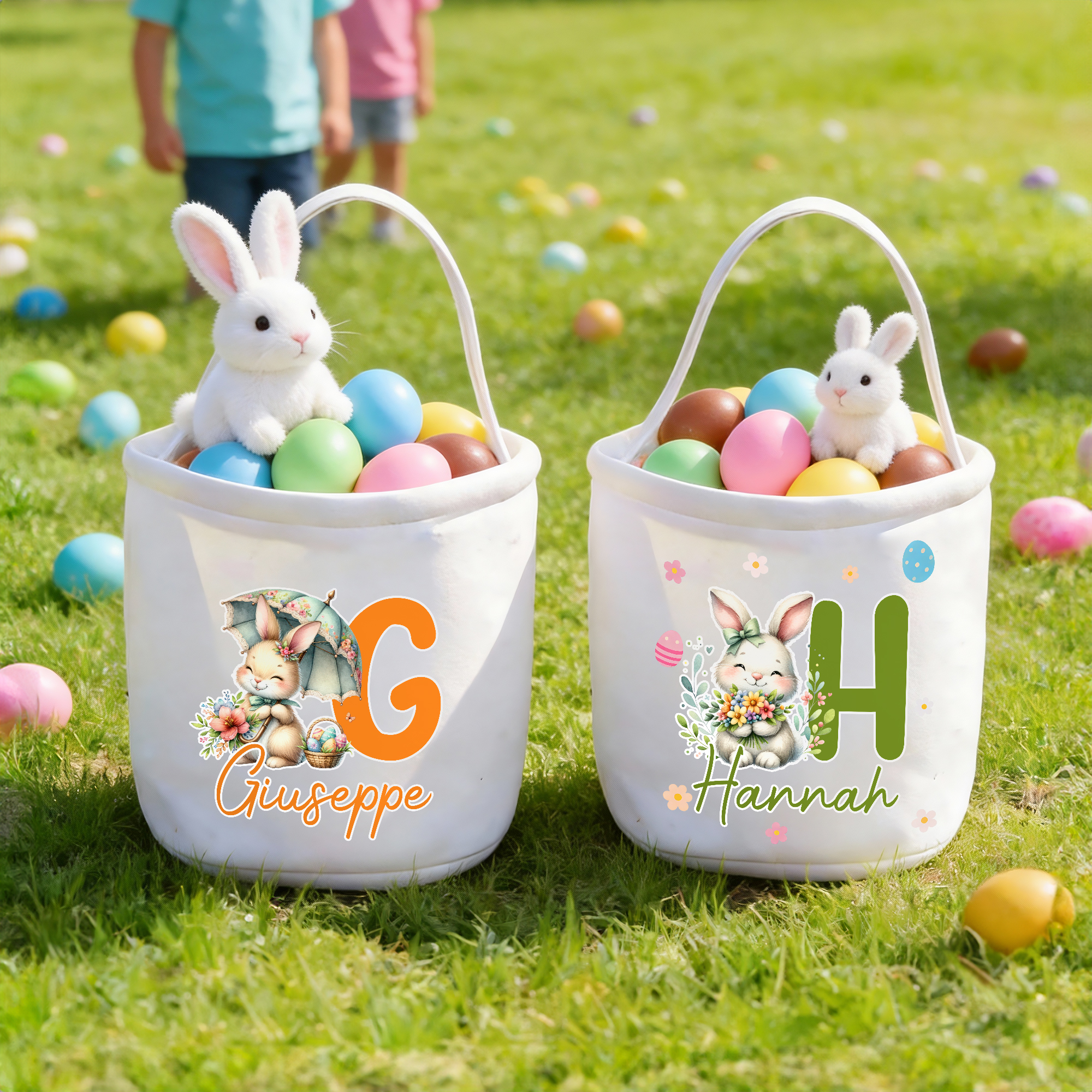 Personalized Cute Easter Bunny Eggs Flower Initial Easter Basket with ...