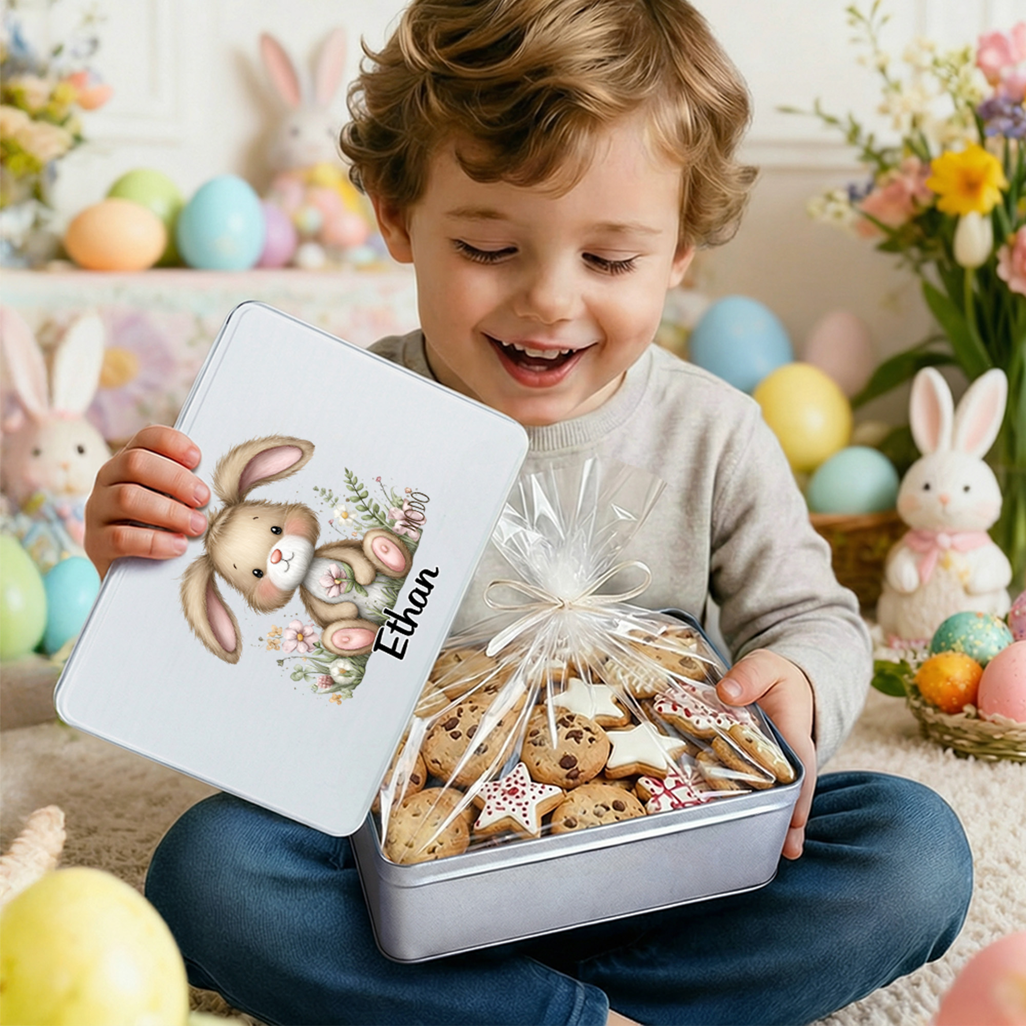 Personalized Cute Easter Bunny Food Grade Metal Biscuit Tin with Name ...