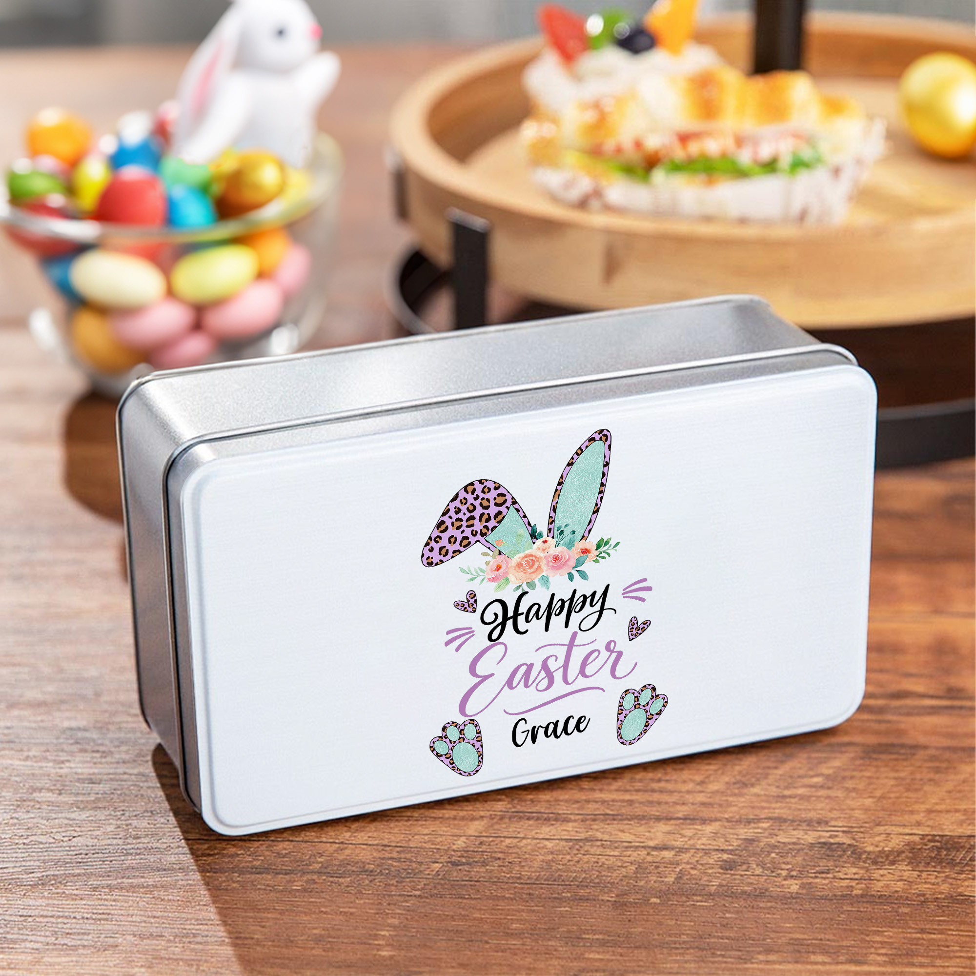 Personalized Leopard Print Easter Bunny Ears Food Grade Metal Biscuit ...