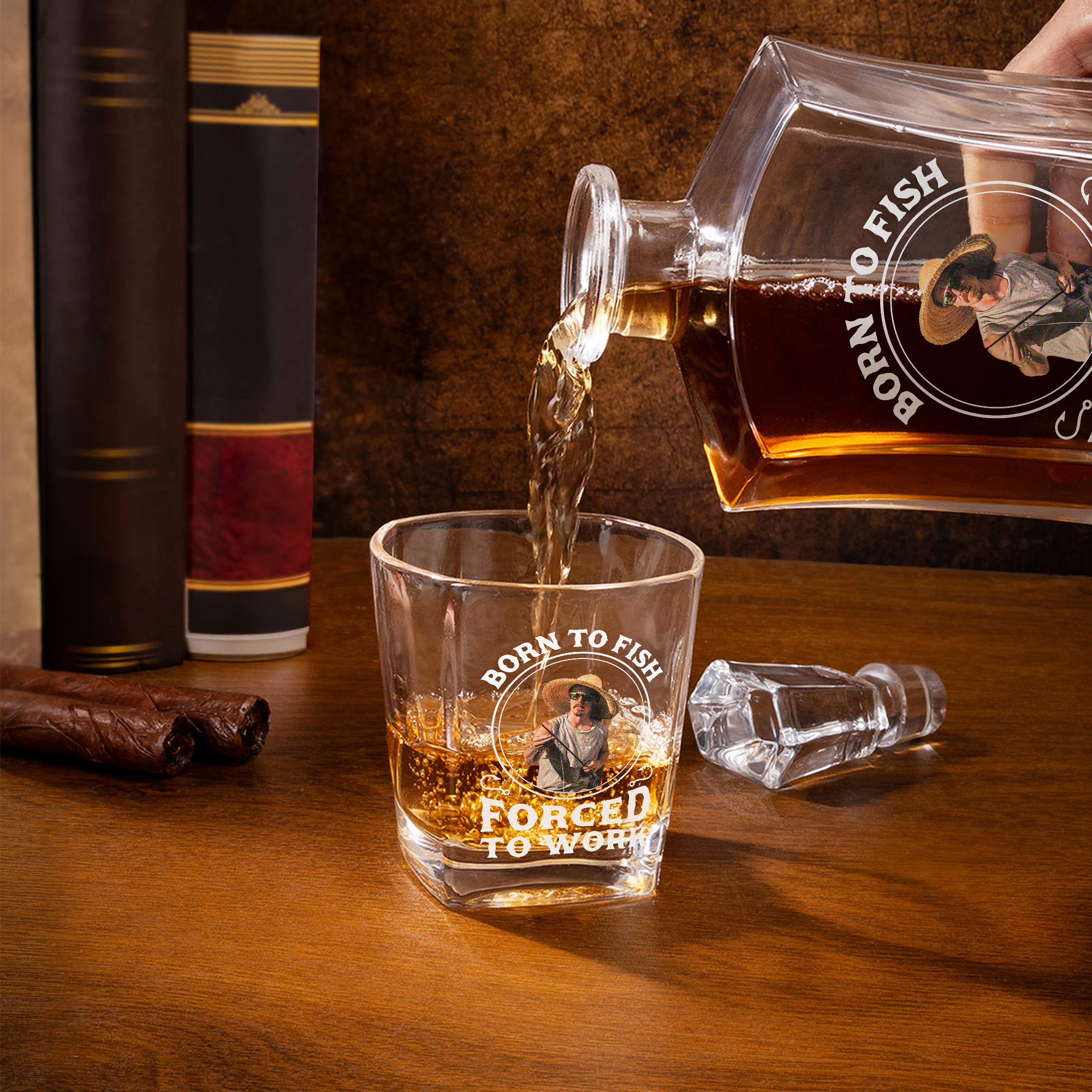 Personalised Born to Fish Photo Whiskey Hexagonal Decanter Glass Wooden ...
