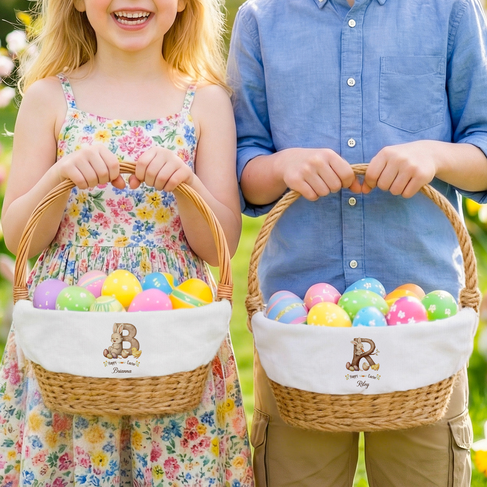 Personalised Cute Bunny Initial Easter Basket Liner with Name Easter ...