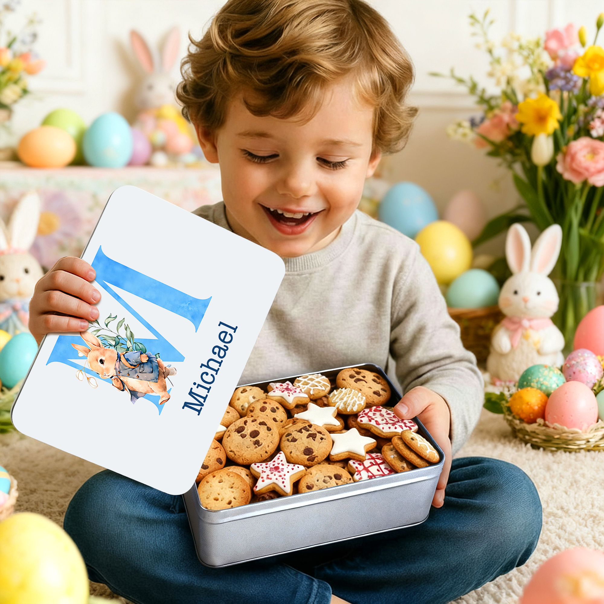 Personalised Cute Watercolor Easter Bunny Initial Biscuit Tin Box with ...