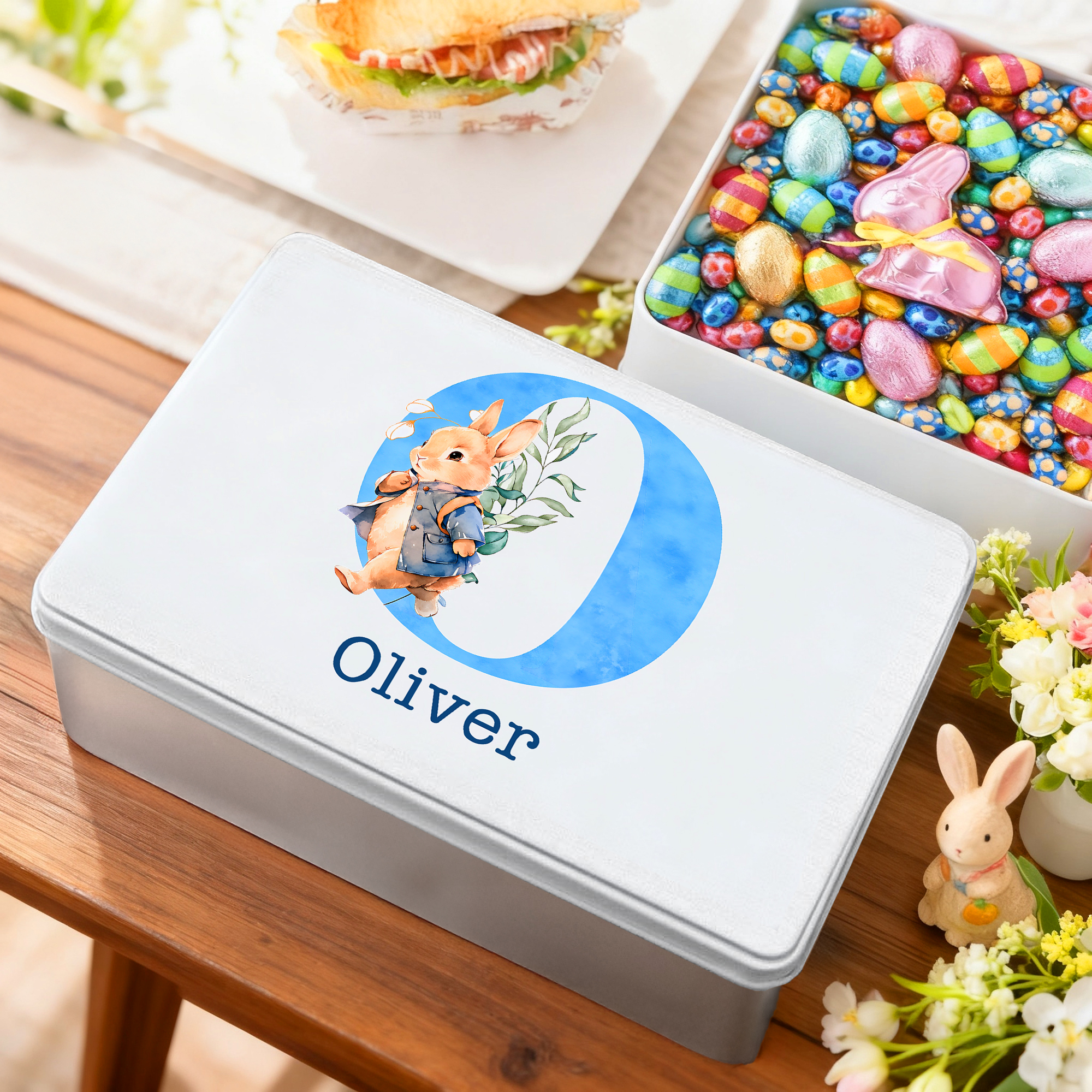 Personalised Cute Watercolour Easter Bunny Initial Biscuit Tin Box with ...