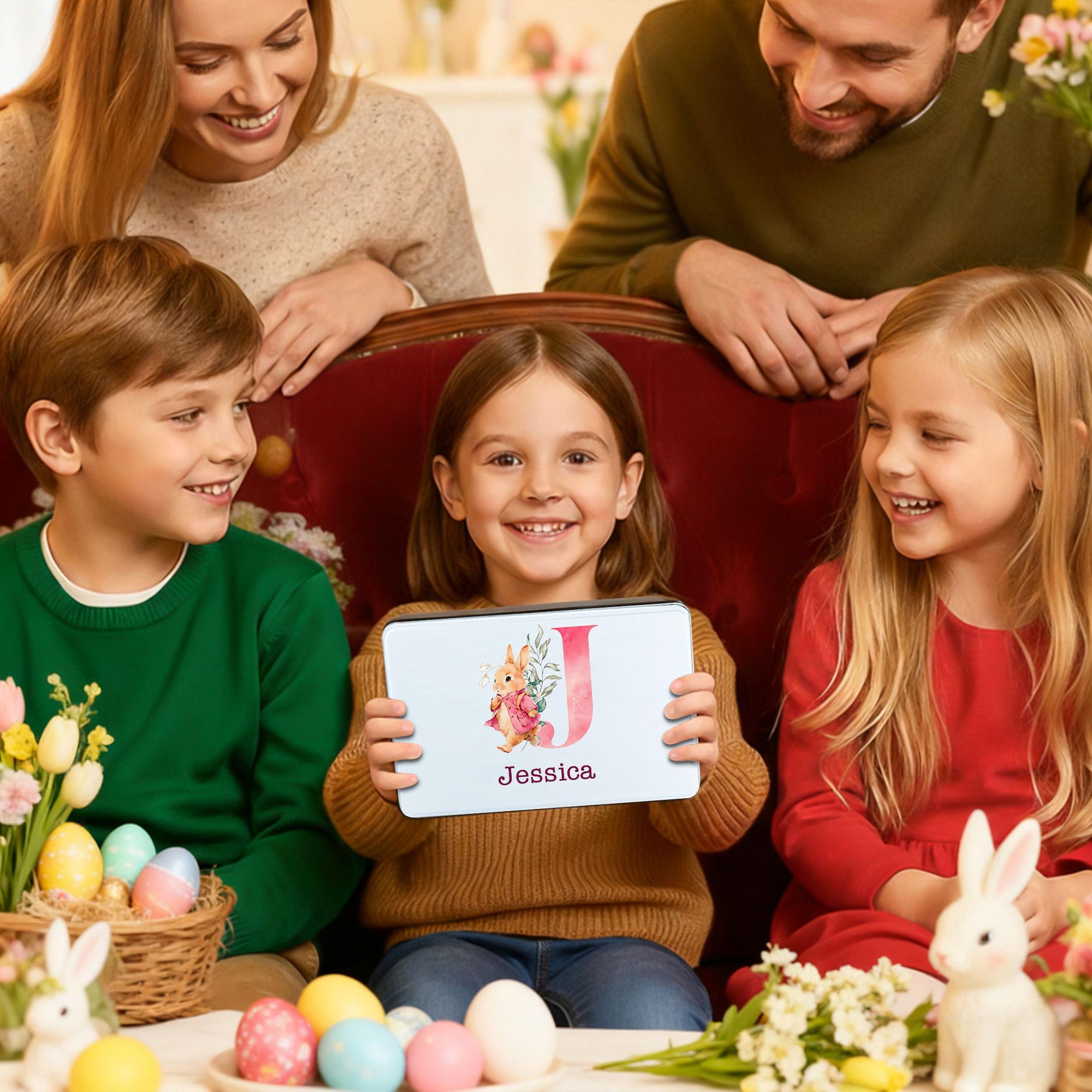 Personalised Cute Watercolour Easter Bunny Initial Biscuit Tin Box with ...