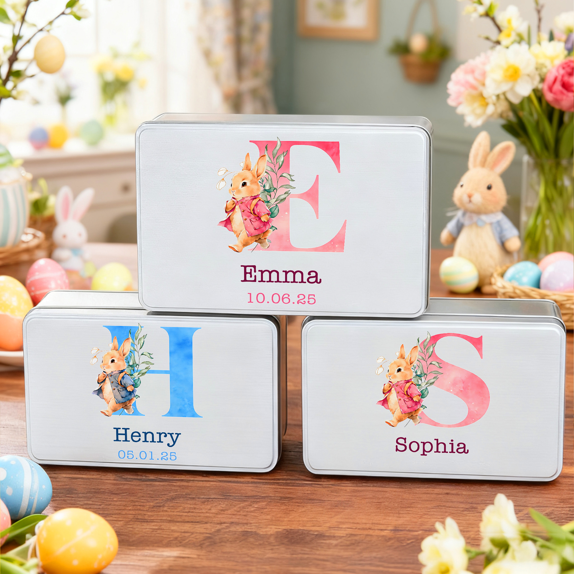 Personalized Cute Watercolor Easter Bunny Initial Biscuit Tin Box with ...