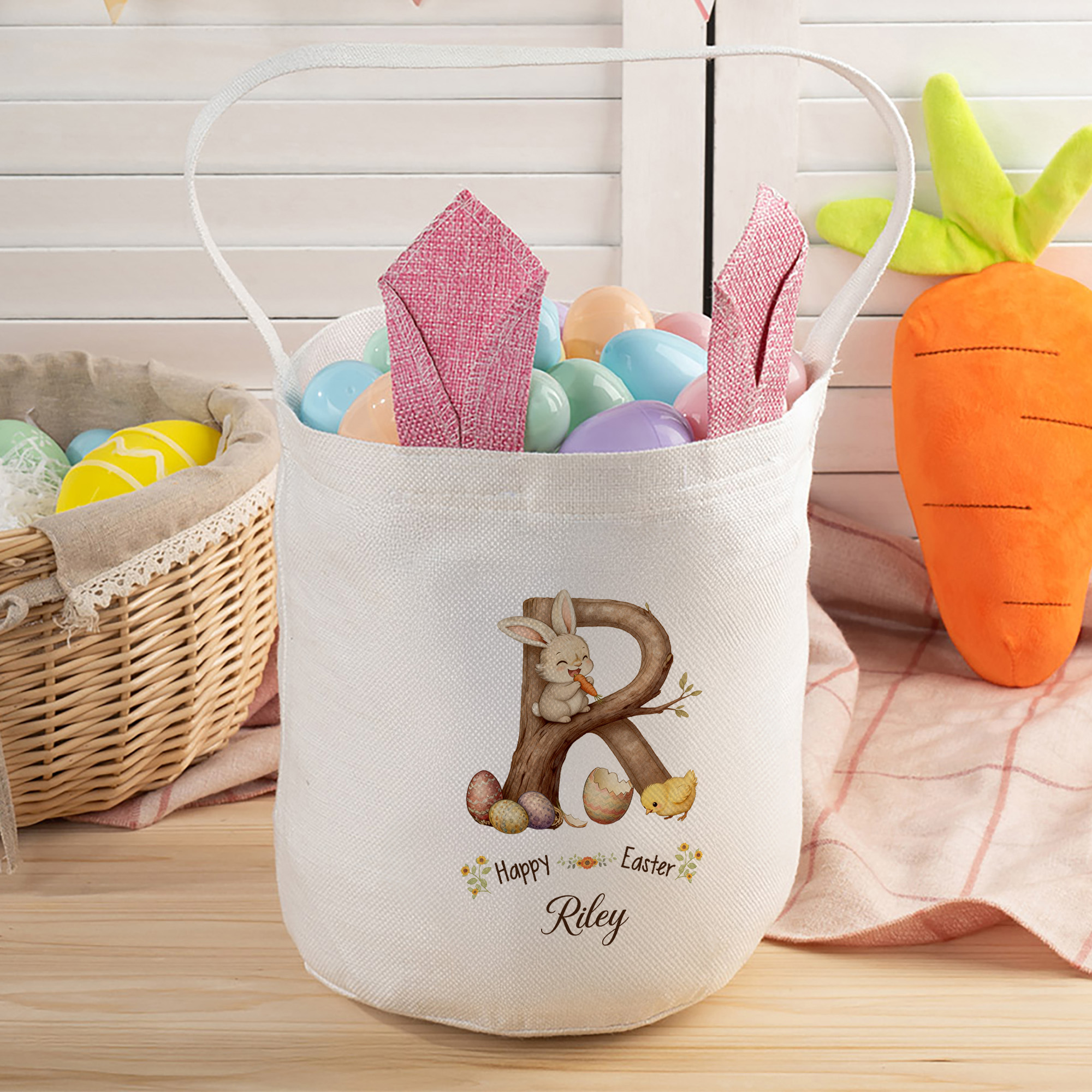 Personalised Cute Rabbit Wooden Effect Initial Easter Basket with Bunny ...