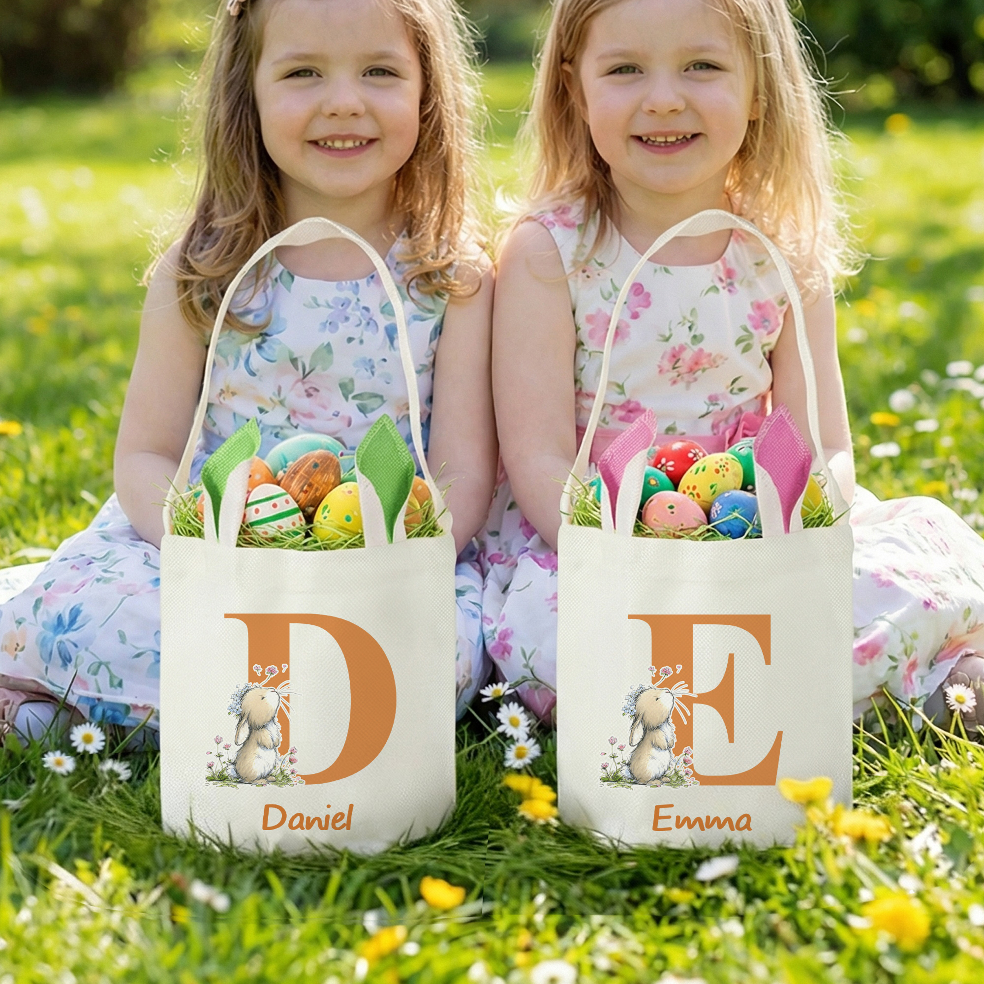 Personalised Cute Bunny Ears Easter Basket with Name and Initial Easter ...