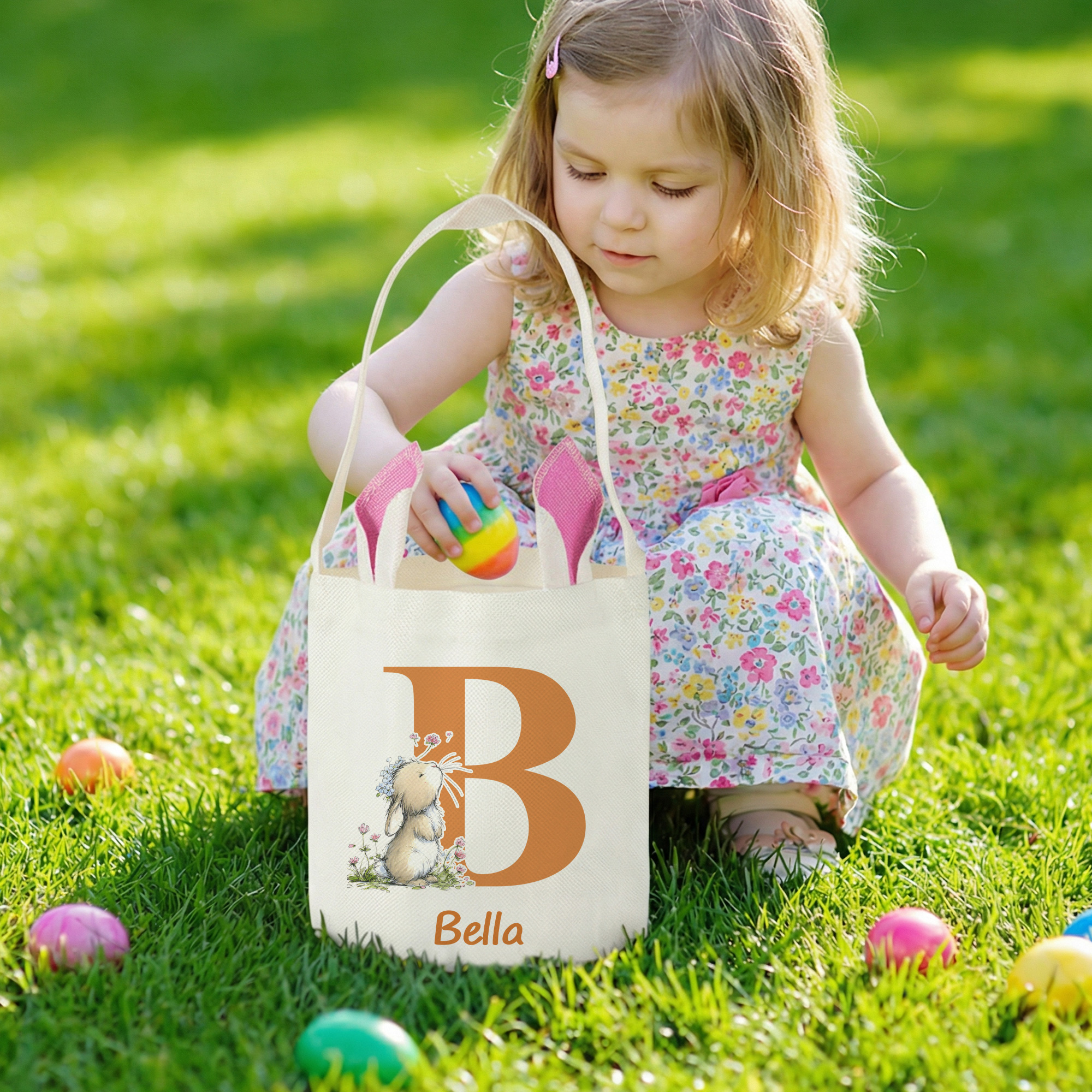 Personalized Cute Bunny Ears Easter Basket with Name and Initial Easter ...
