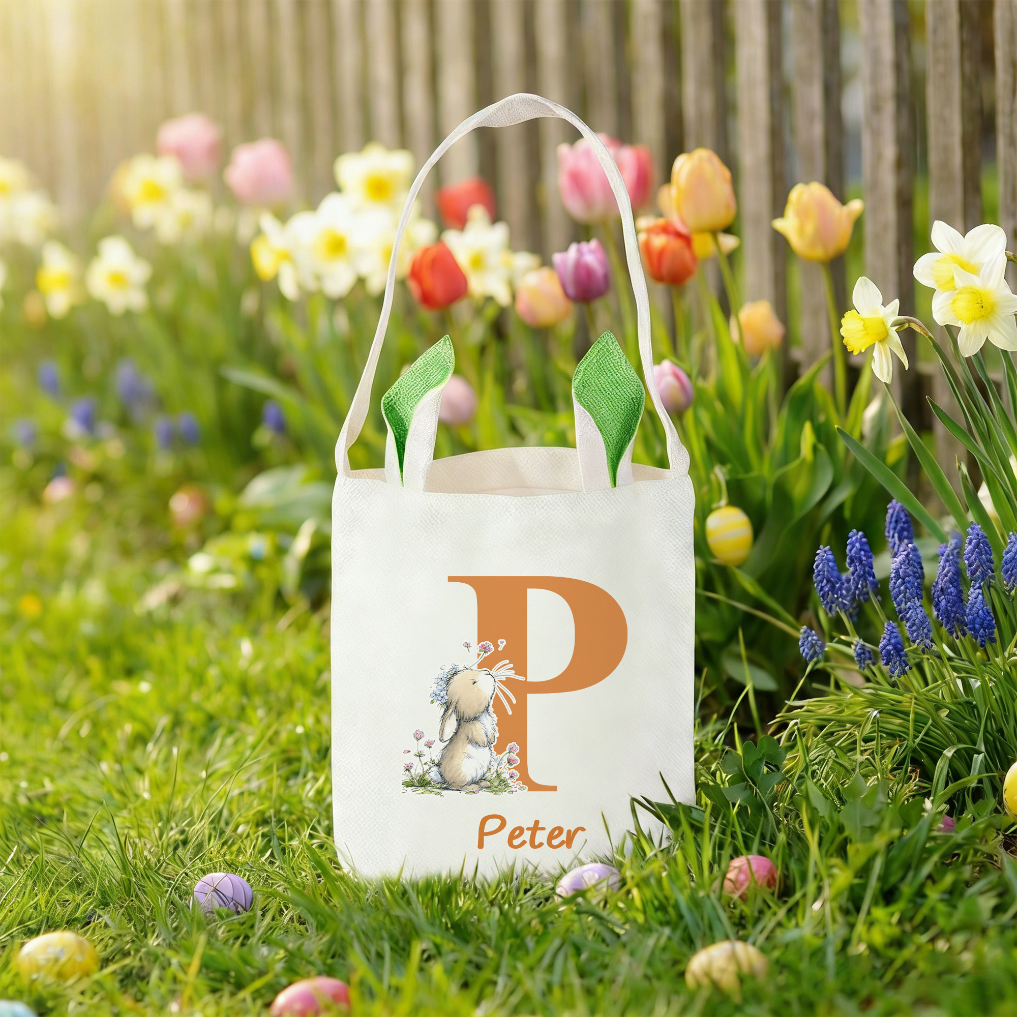 Personalized Cute Bunny Ears Easter Basket with Name and Initial Easter ...