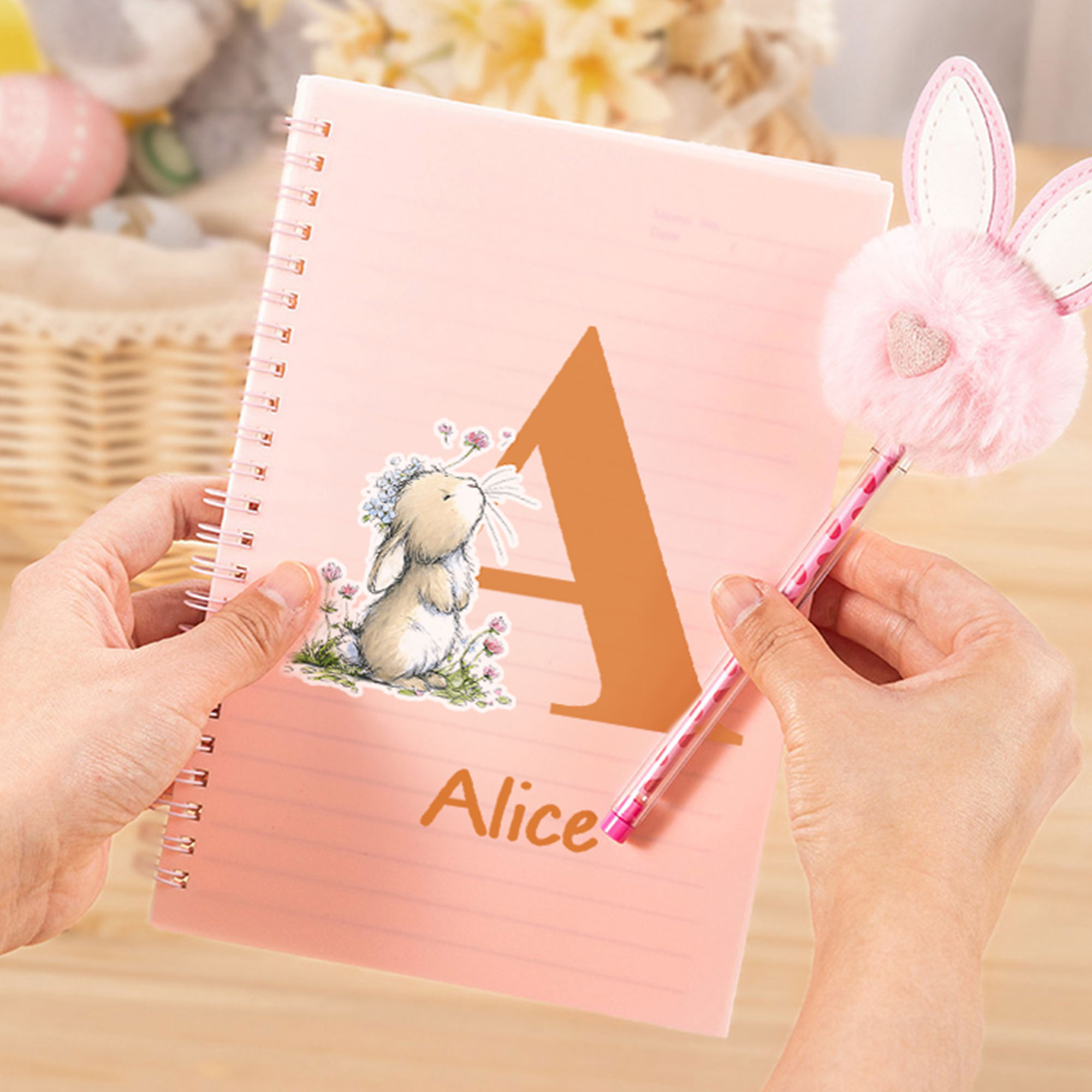 Personalised Cute Rabbit Easter Notebook and Pom Pom Pen Set with Name ...