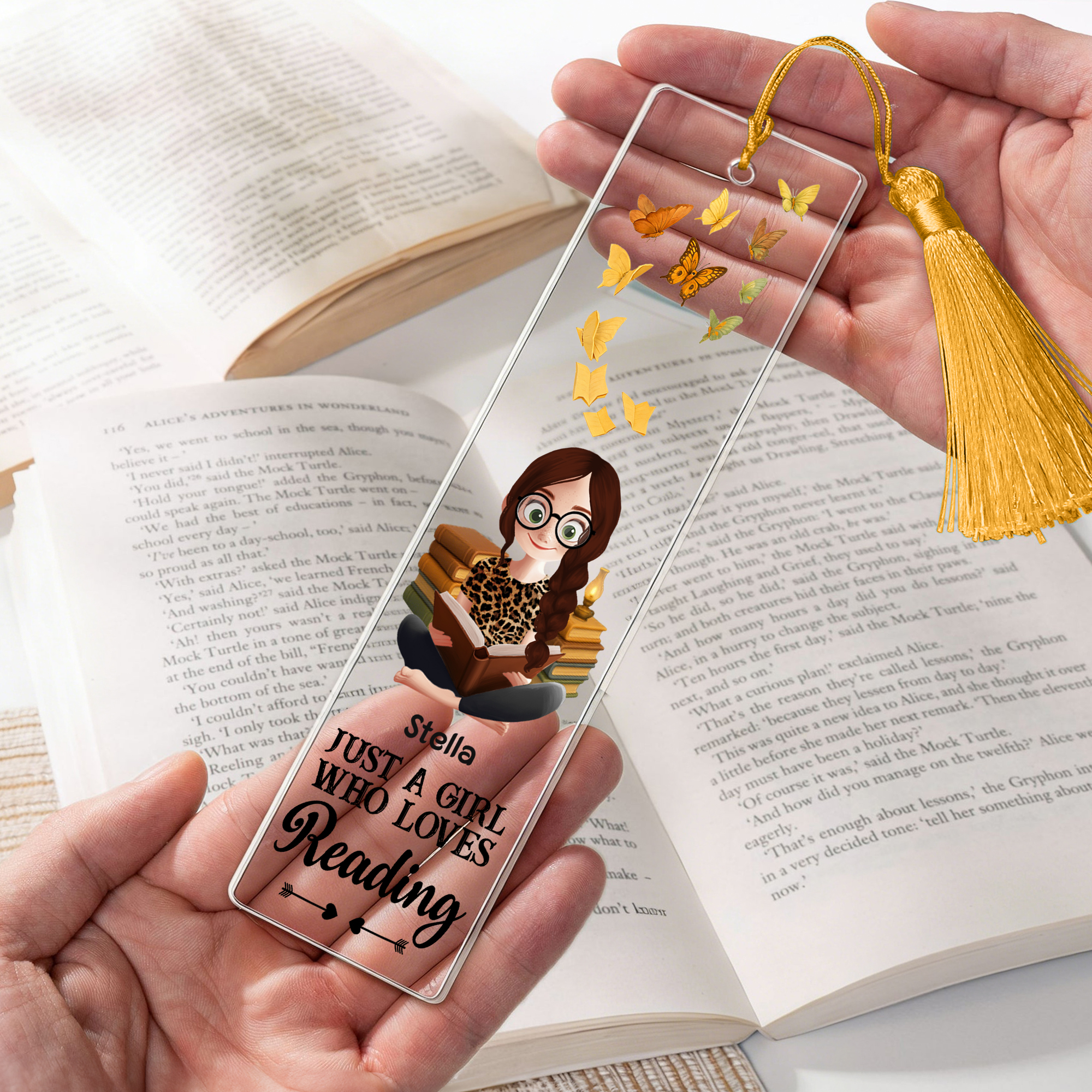 Personalised Cute Cartoon Reading Character Acrylic Tassel Bookmark ...